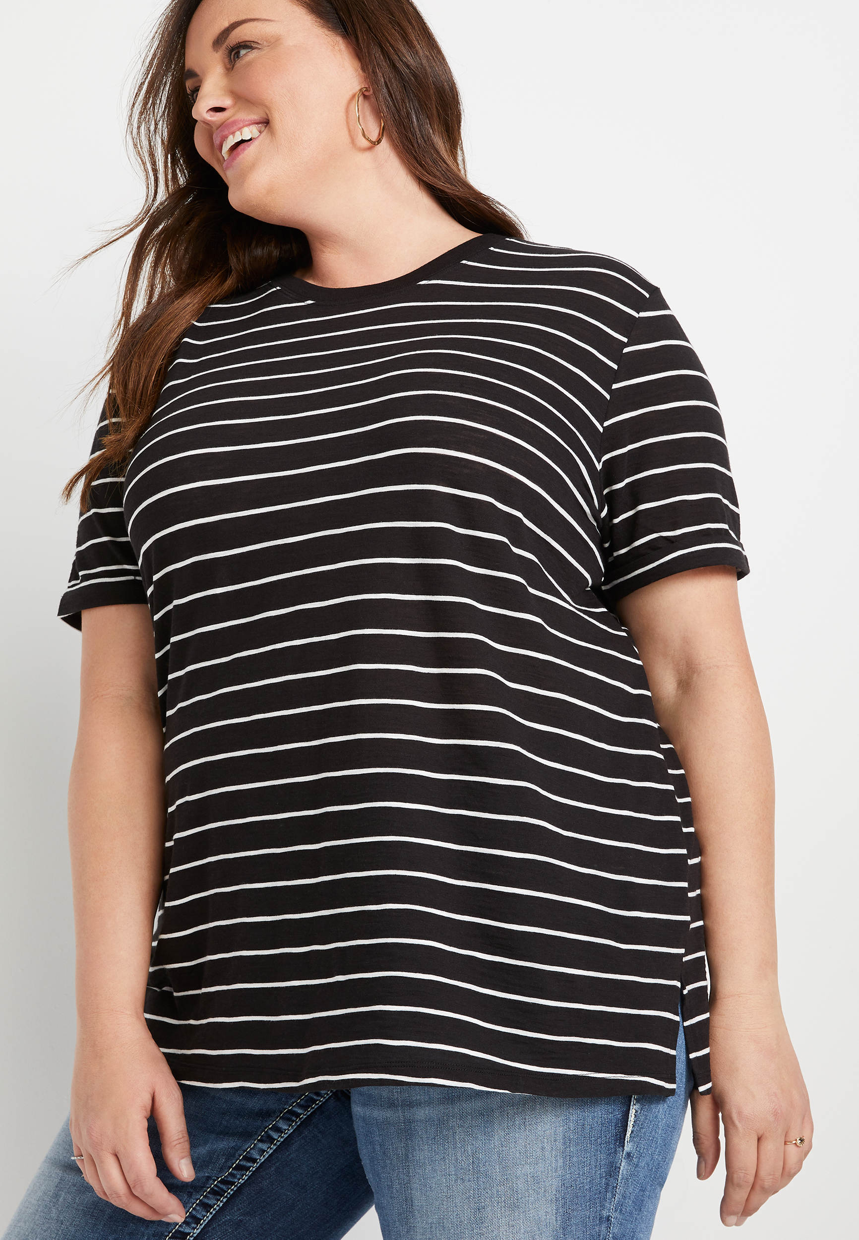 Plus Size 24/7 Black Stripe Oversized Boyfriend Tee | maurices