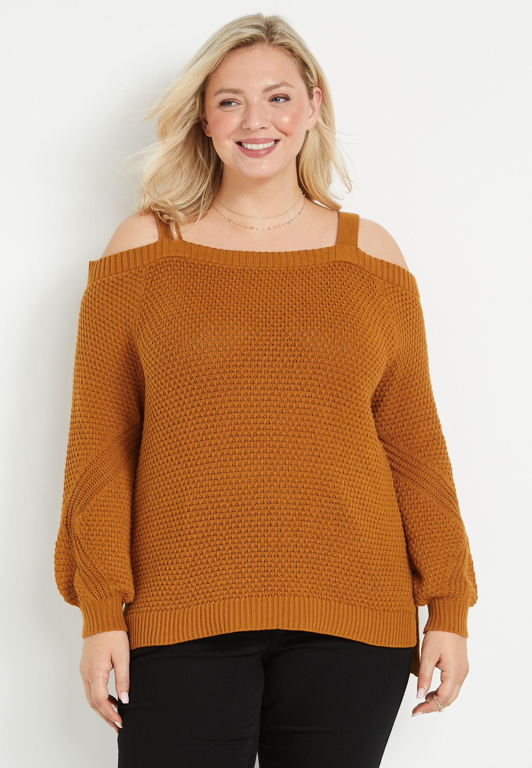 Plus Size Solid Cold Shoulder Blouson Sleeve Sweater | maurices