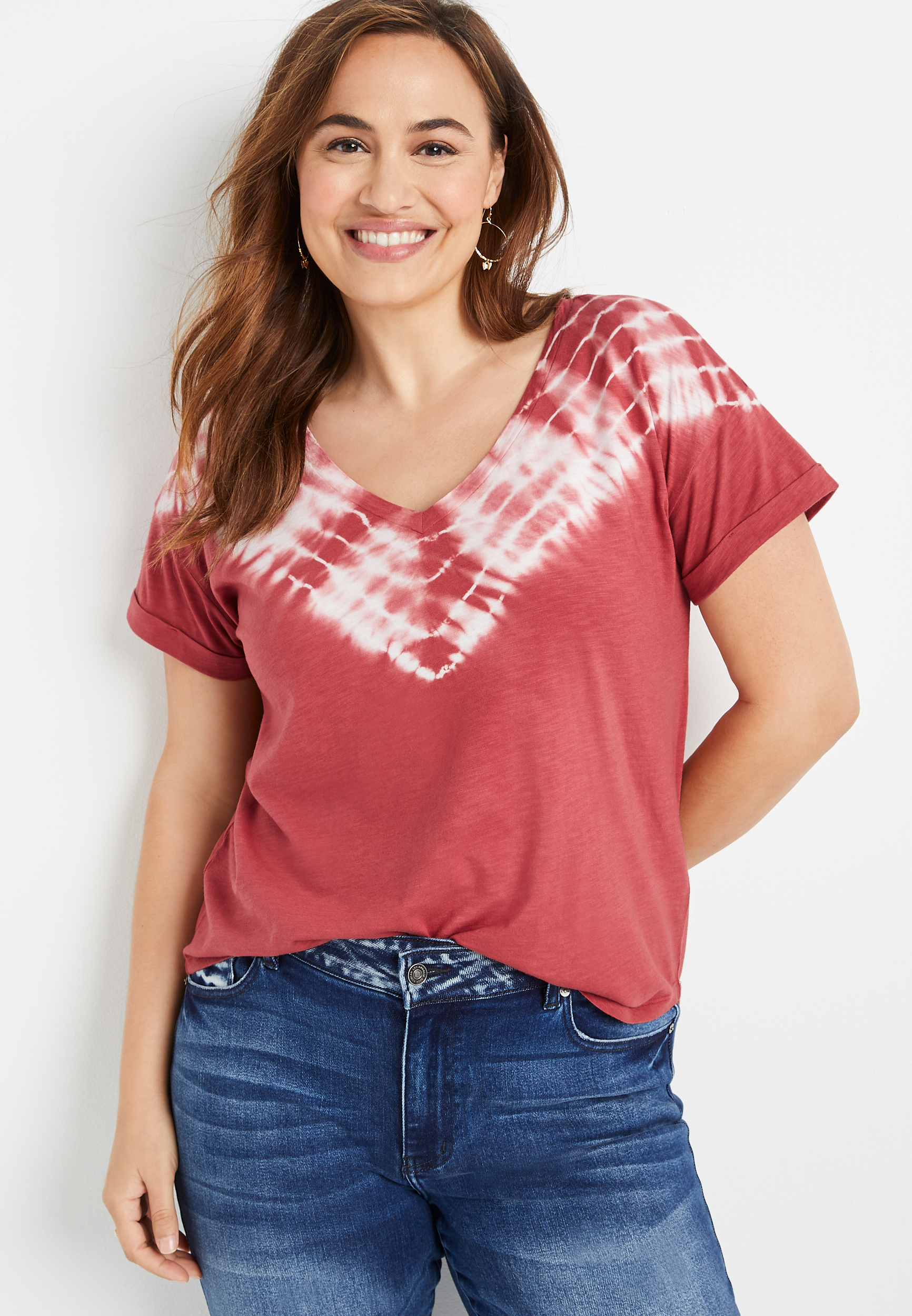 Plus Size 24/7 Red Tie Dye Drop Shoulder Tee | maurices