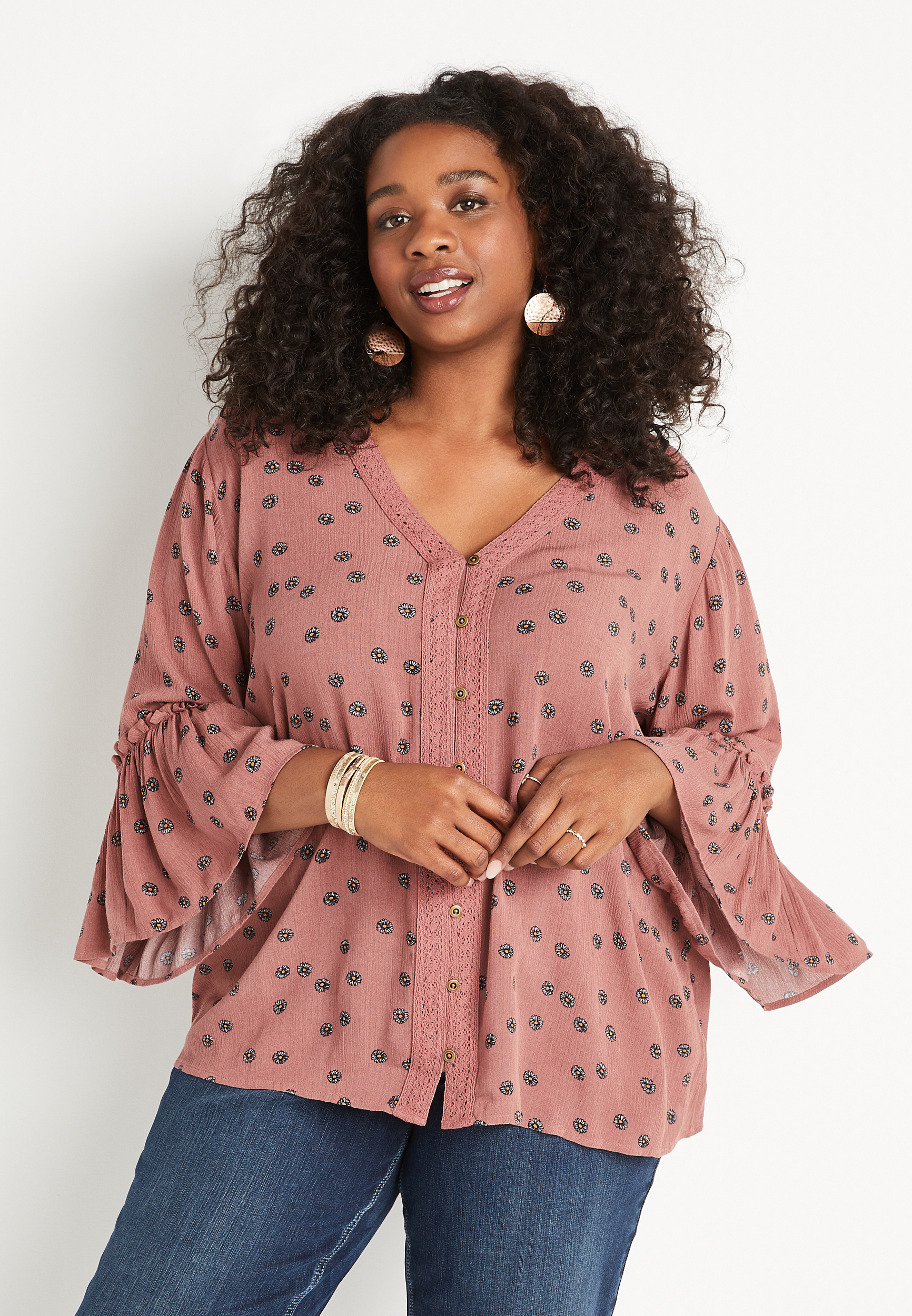 Plus Size Pink Daisy Bell Sleeve Blouse | maurices