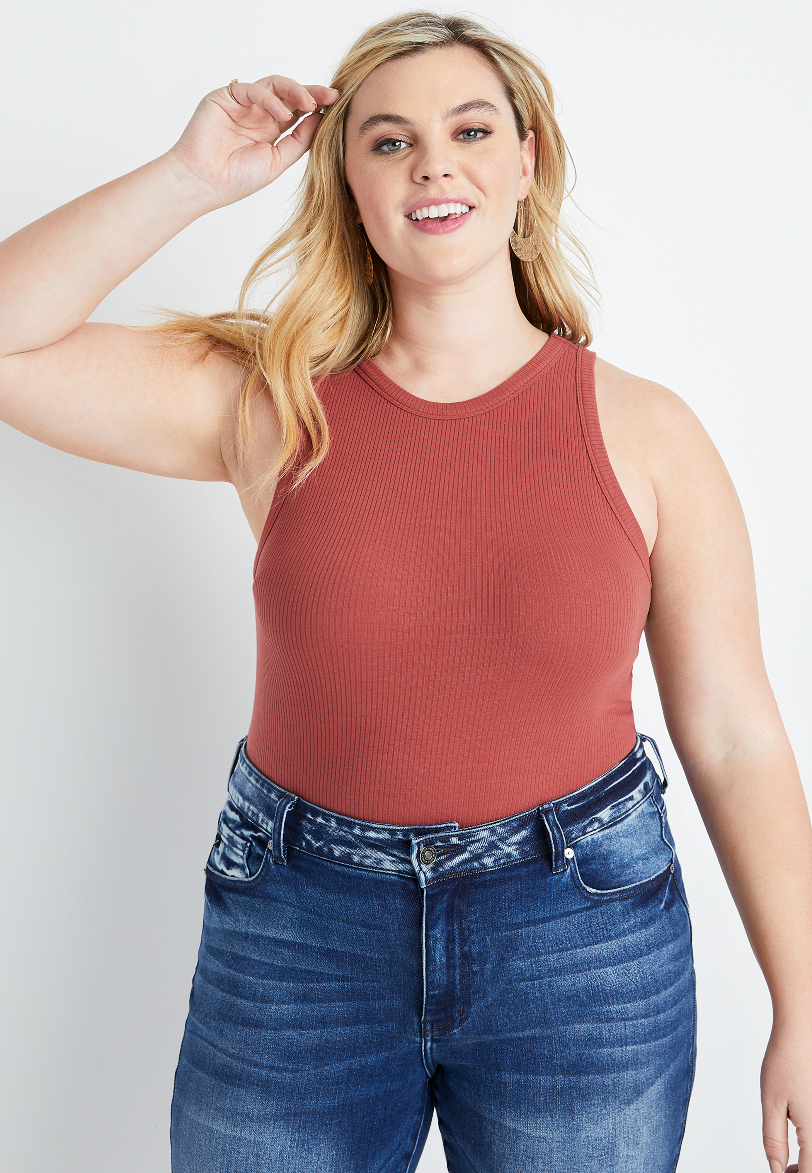 Plus Size Solid High Neck Fitted Ribbed Tank Top | maurices
