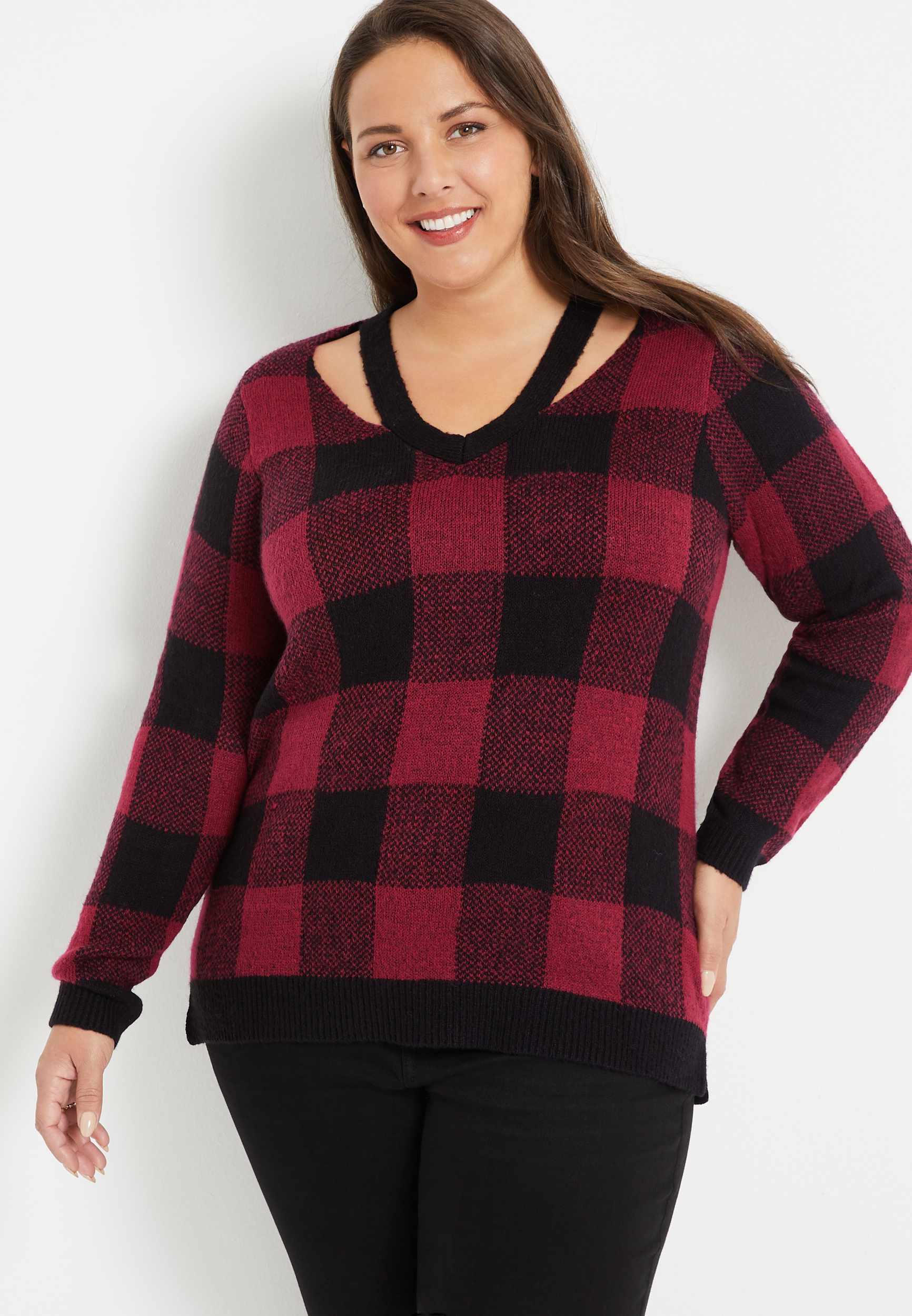 Plus Size Red Buffalo Plaid Cut Out Neck Sweater | maurices