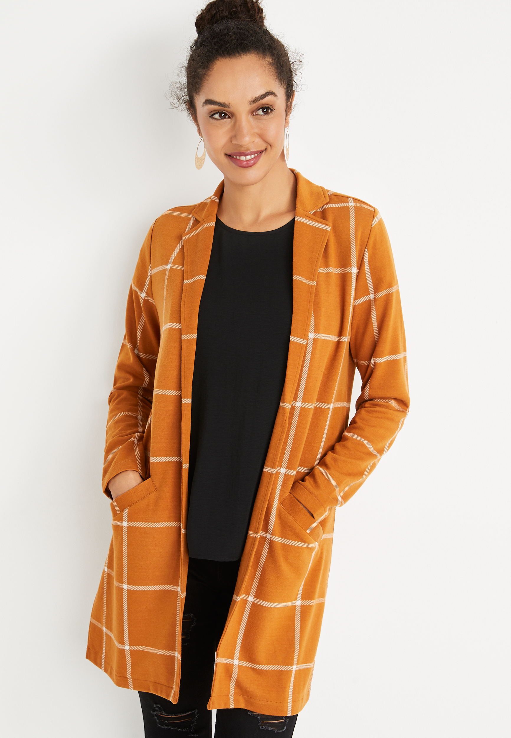 Gold Plaid Duster Blazer | maurices