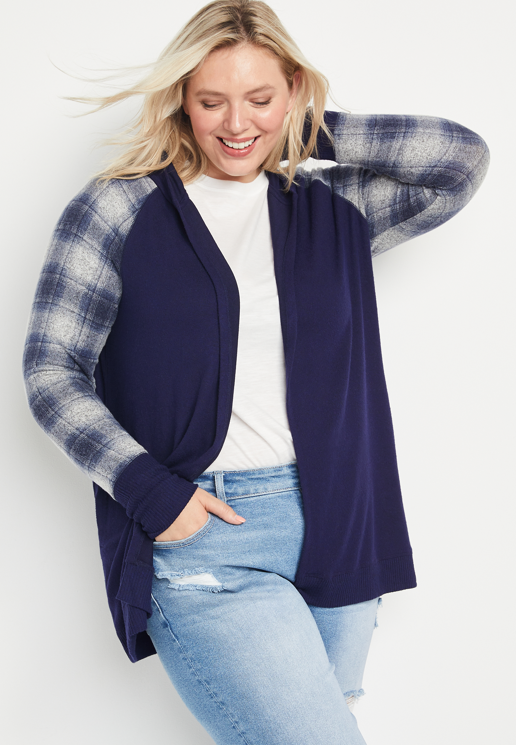 Plus Size Navy Plaid Hooded Cardigan | maurices