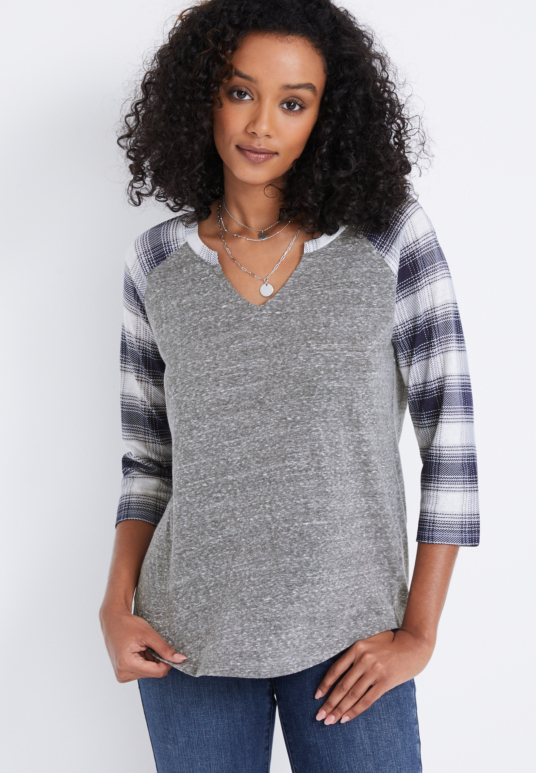 Plaid Split Neck Baseball Tee | maurices