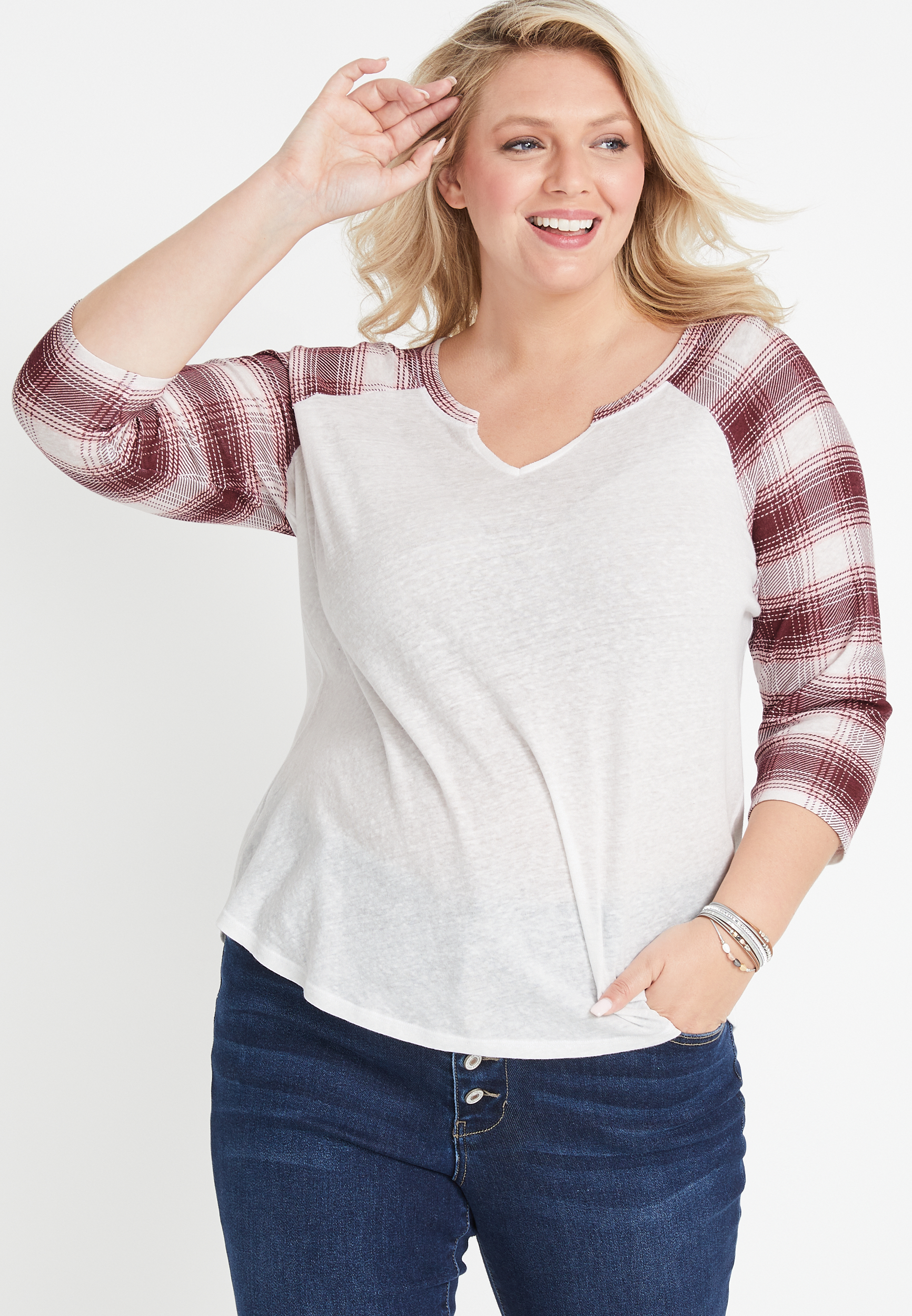 Plus Size Split Neck Plaid Baseball Tee | maurices