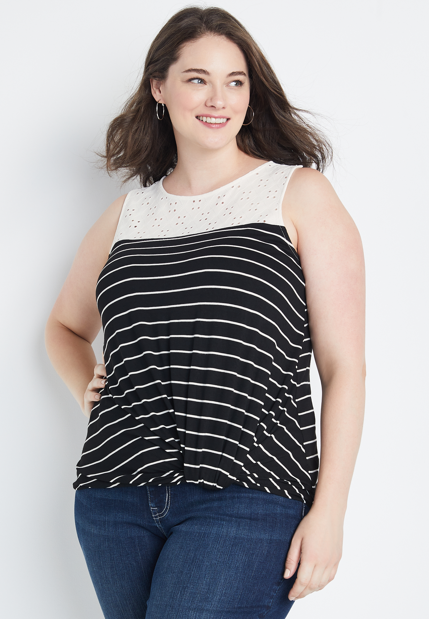 Plus Size 247 Striped Eyelet Lace Knotted Hem Tank Top Maurices
