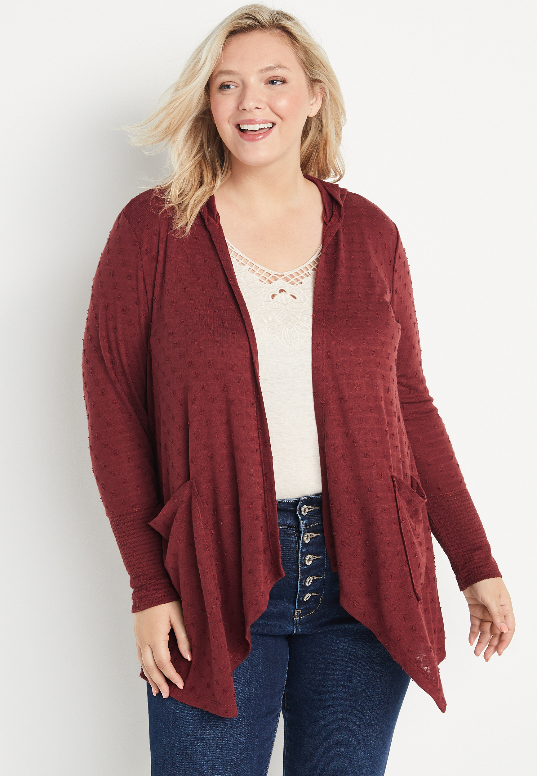 Plus Size Red Textured Hooded Cardigan | maurices