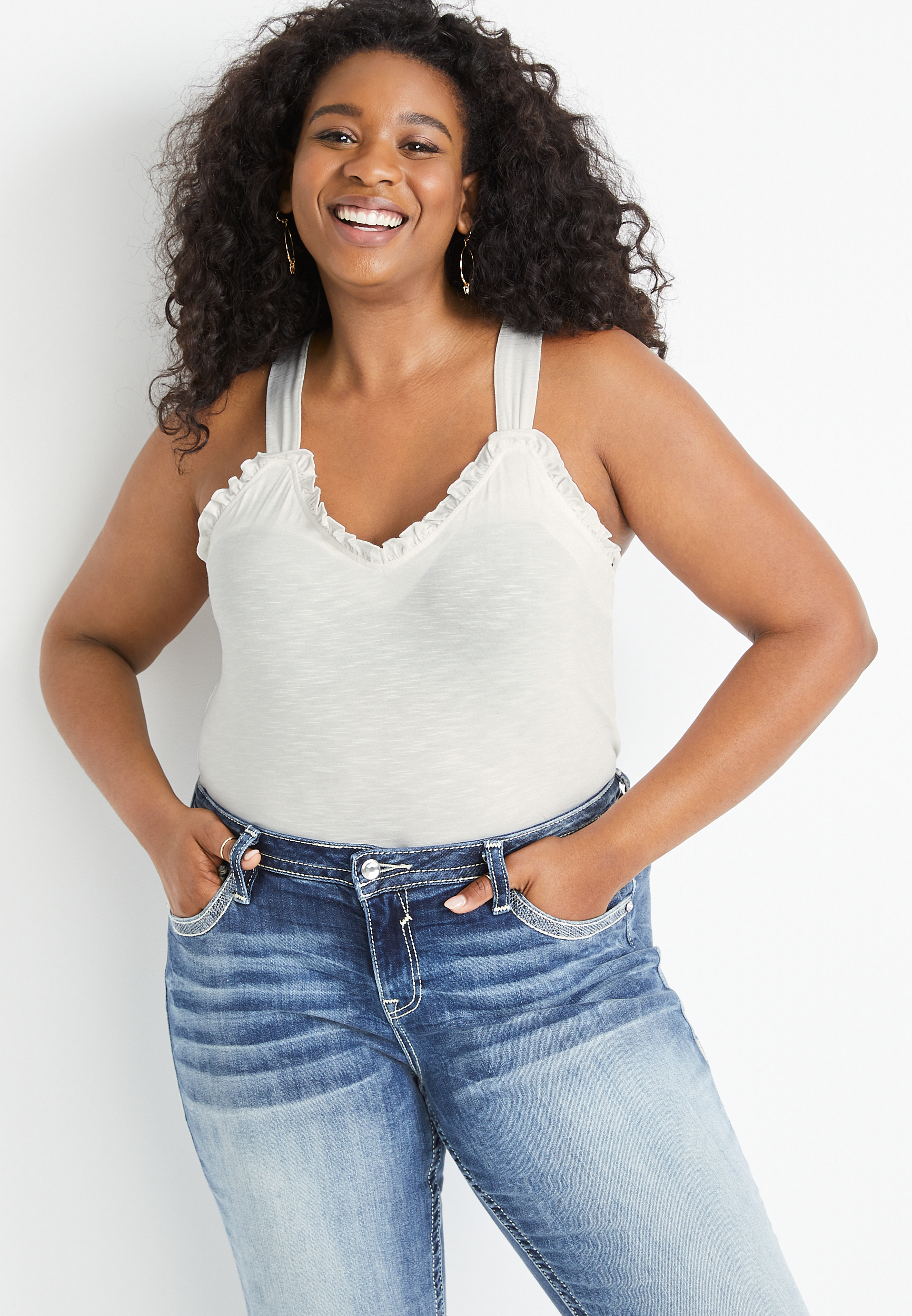 Plus Size 24/7 White Ruffle Tank Top | maurices