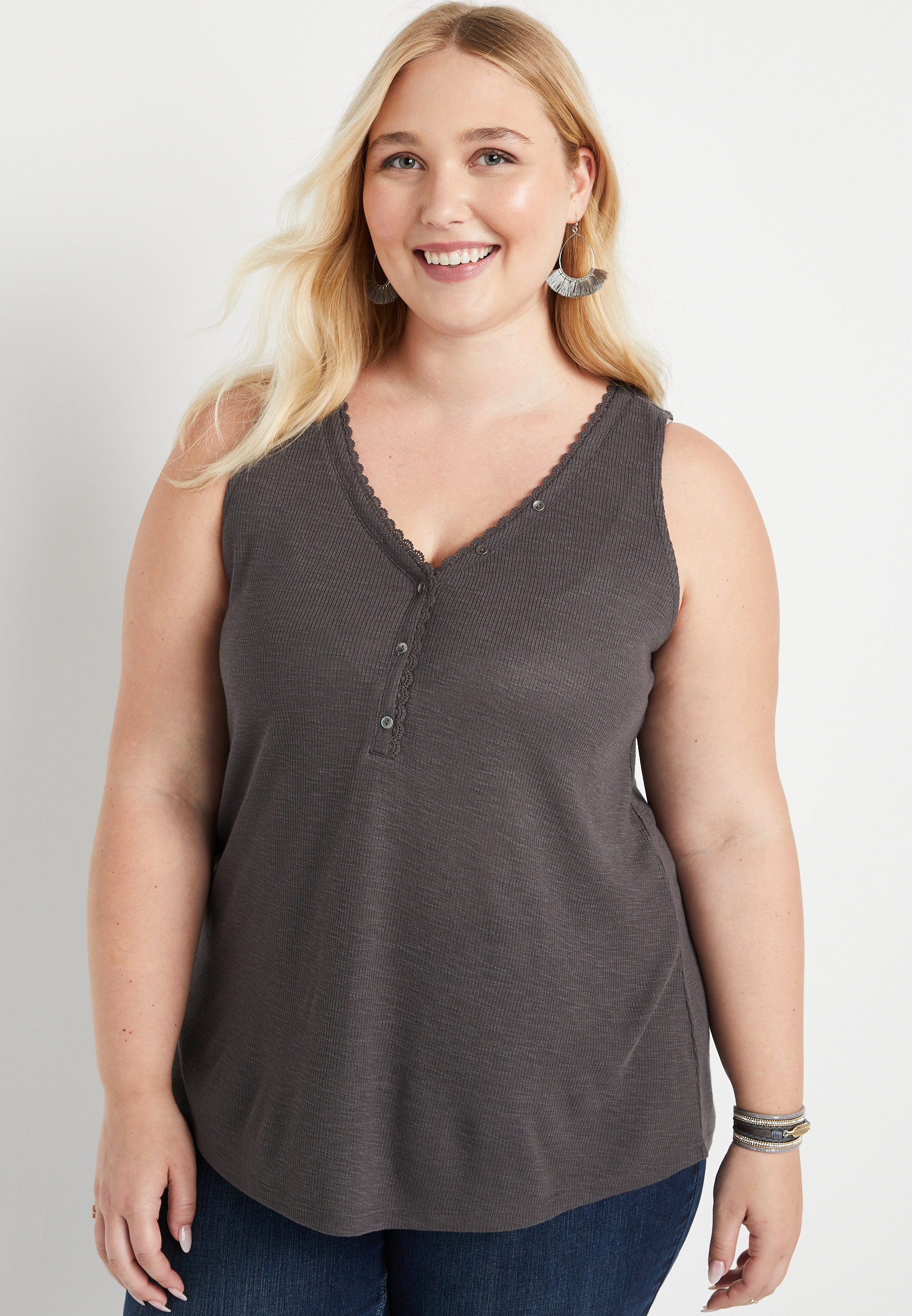 Plus Size 24/7 Gray Lace Button Front Tank Top | maurices
