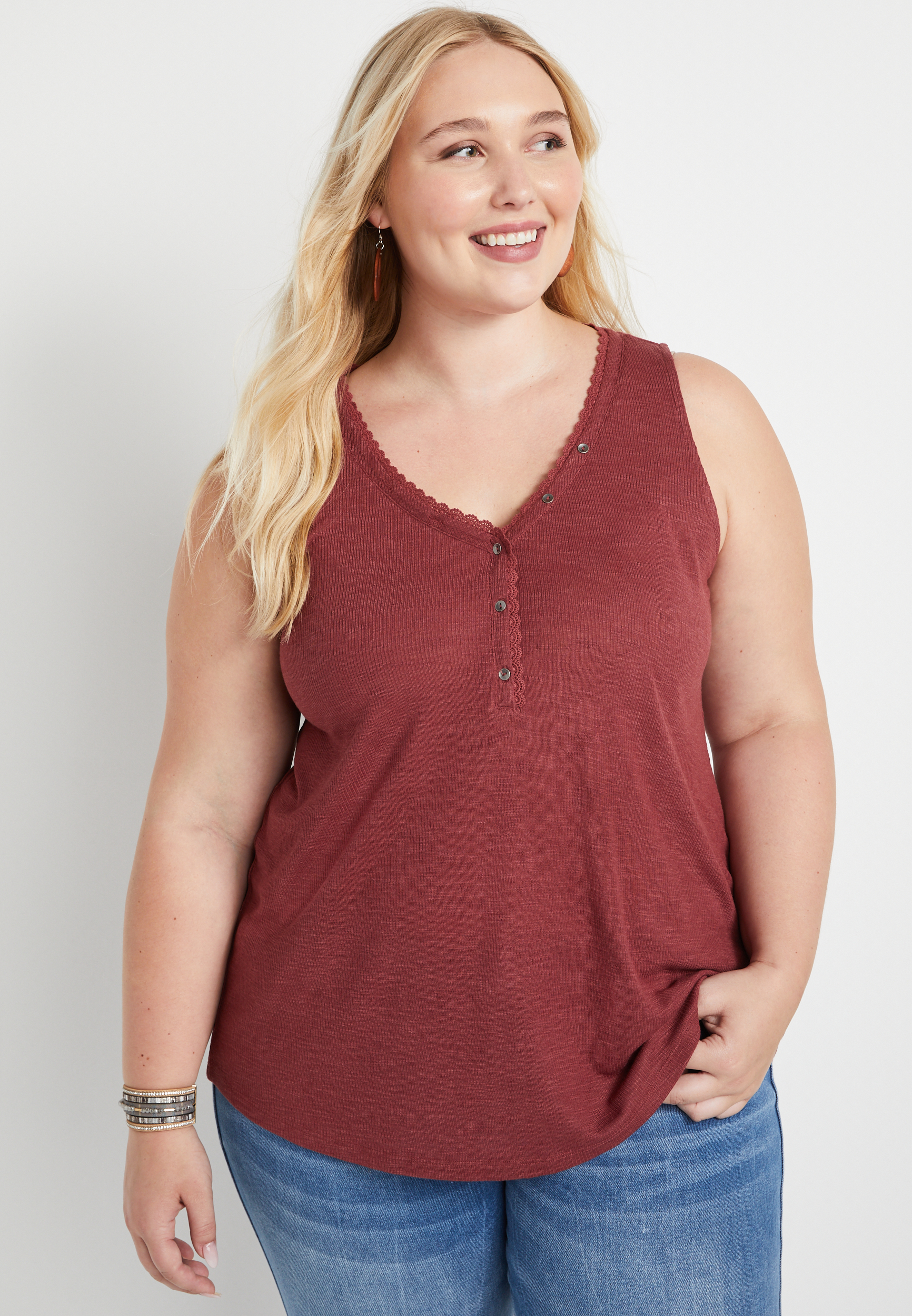 Plus Size 24/7 Red Lace Button Front Tank Top | maurices
