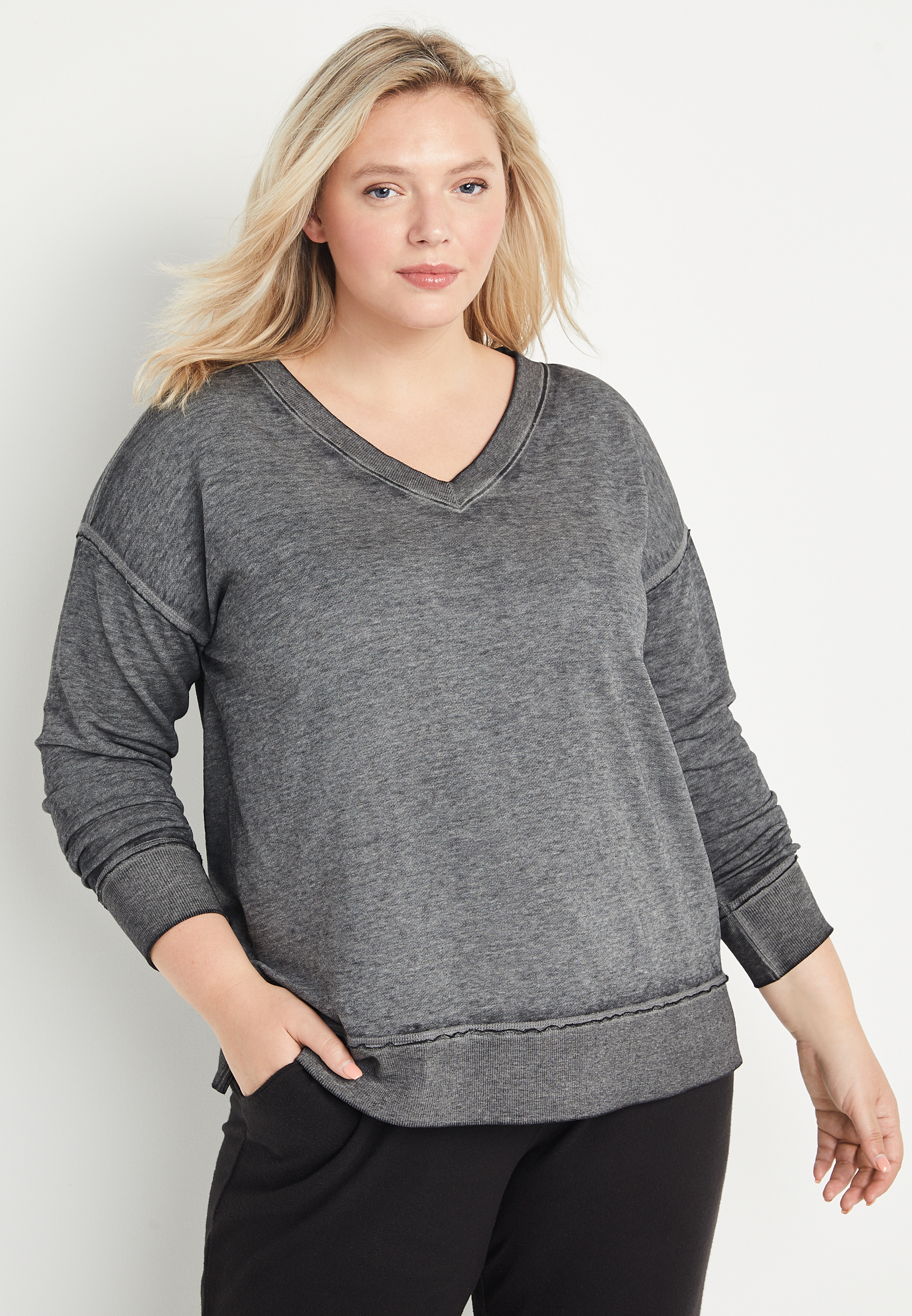 Plus Size Solid V Neck Sweatshirt | maurices