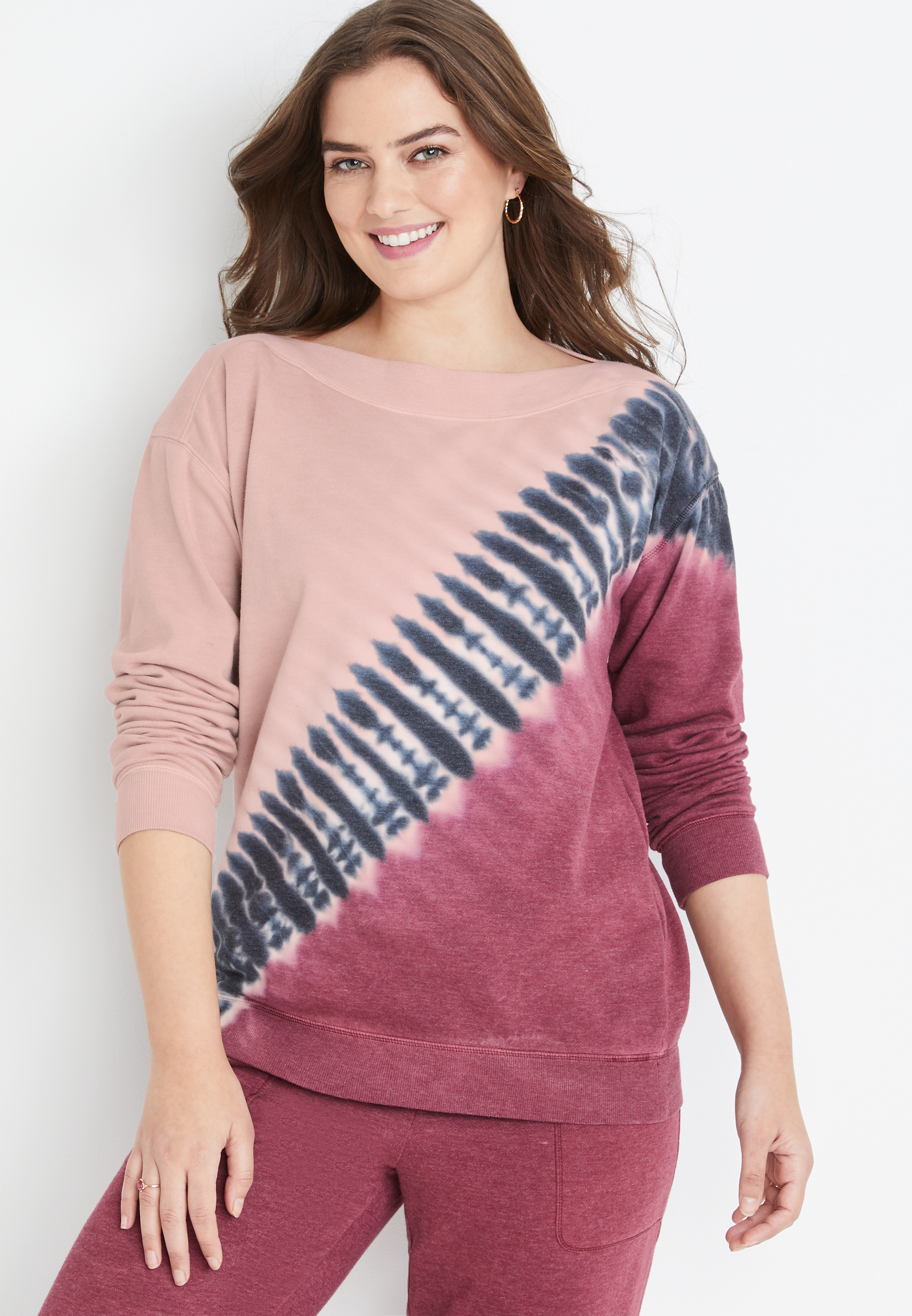 Maroon Tie Dye Crew Neck Fleece Sweatshirt | maurices