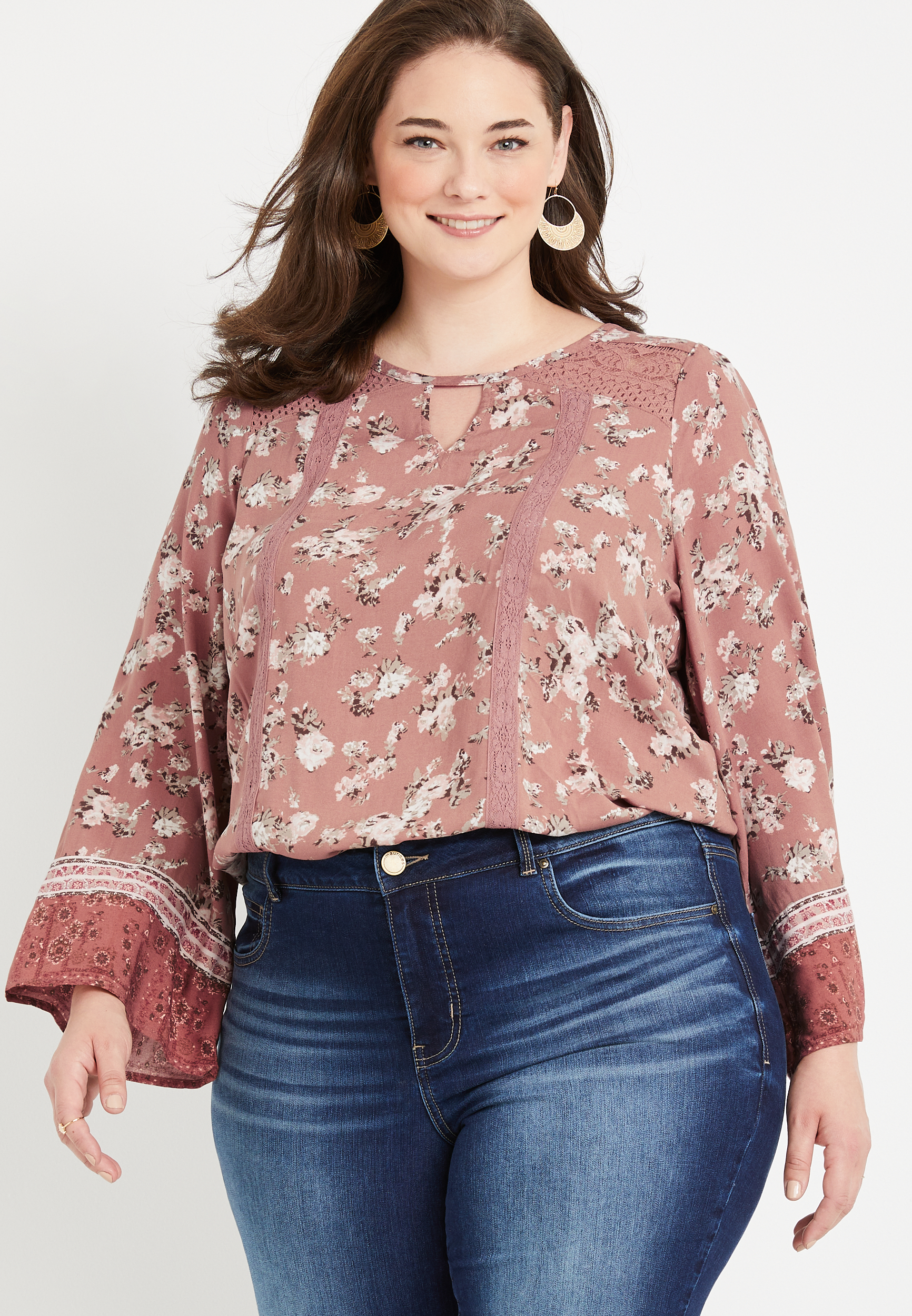 Plus Size Pink Floral Keyhole Neck Blouse | maurices