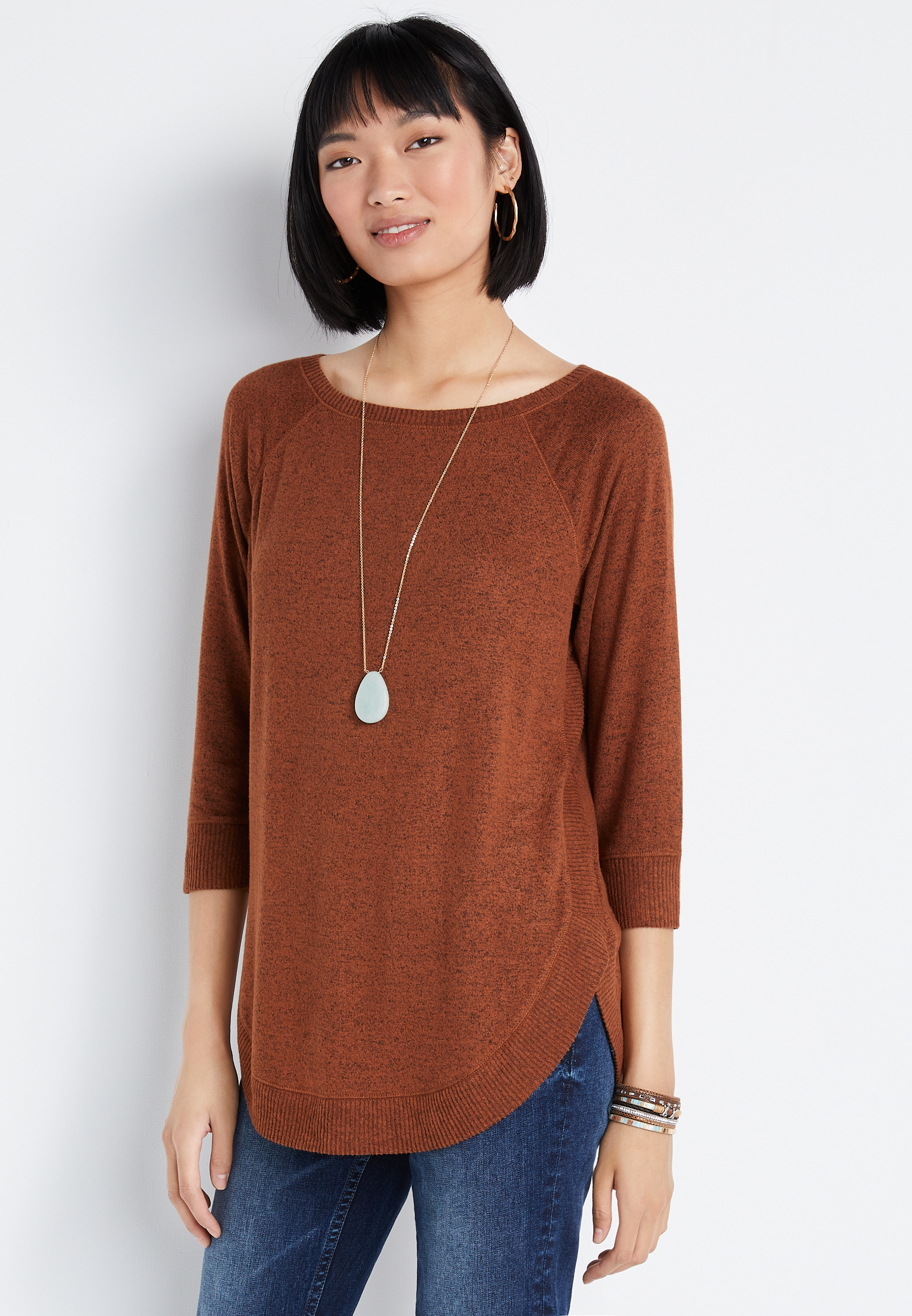Haven Cozy Knit Rust Crew Neck Sweatshirt | maurices