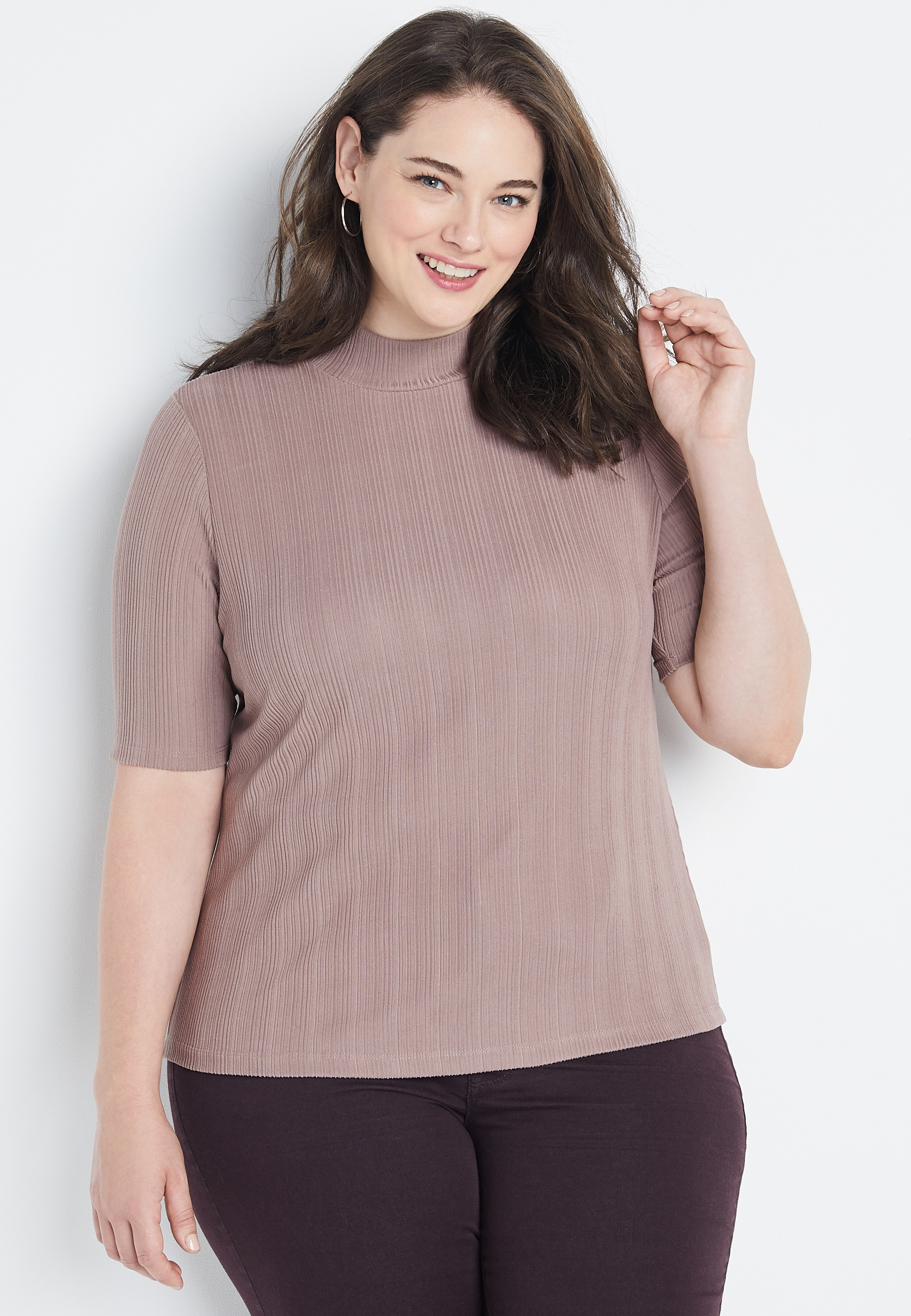 Plus Size 24/7 Lavender Mock Neck Ribbed Tee | maurices