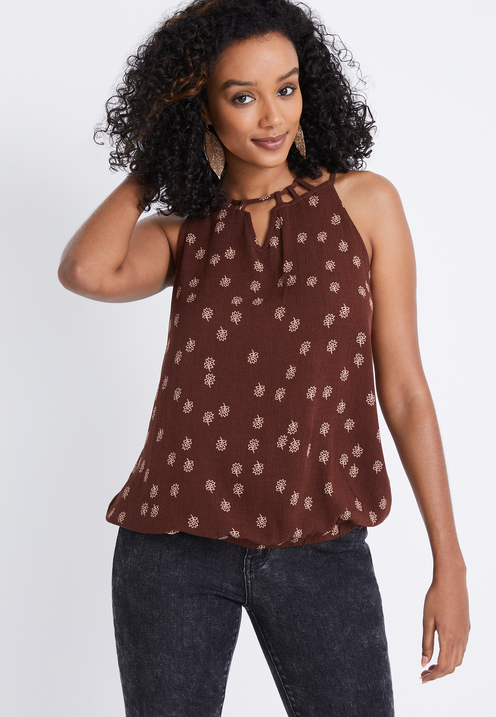 Brown Floral Strappy High Neck Tank Top | maurices