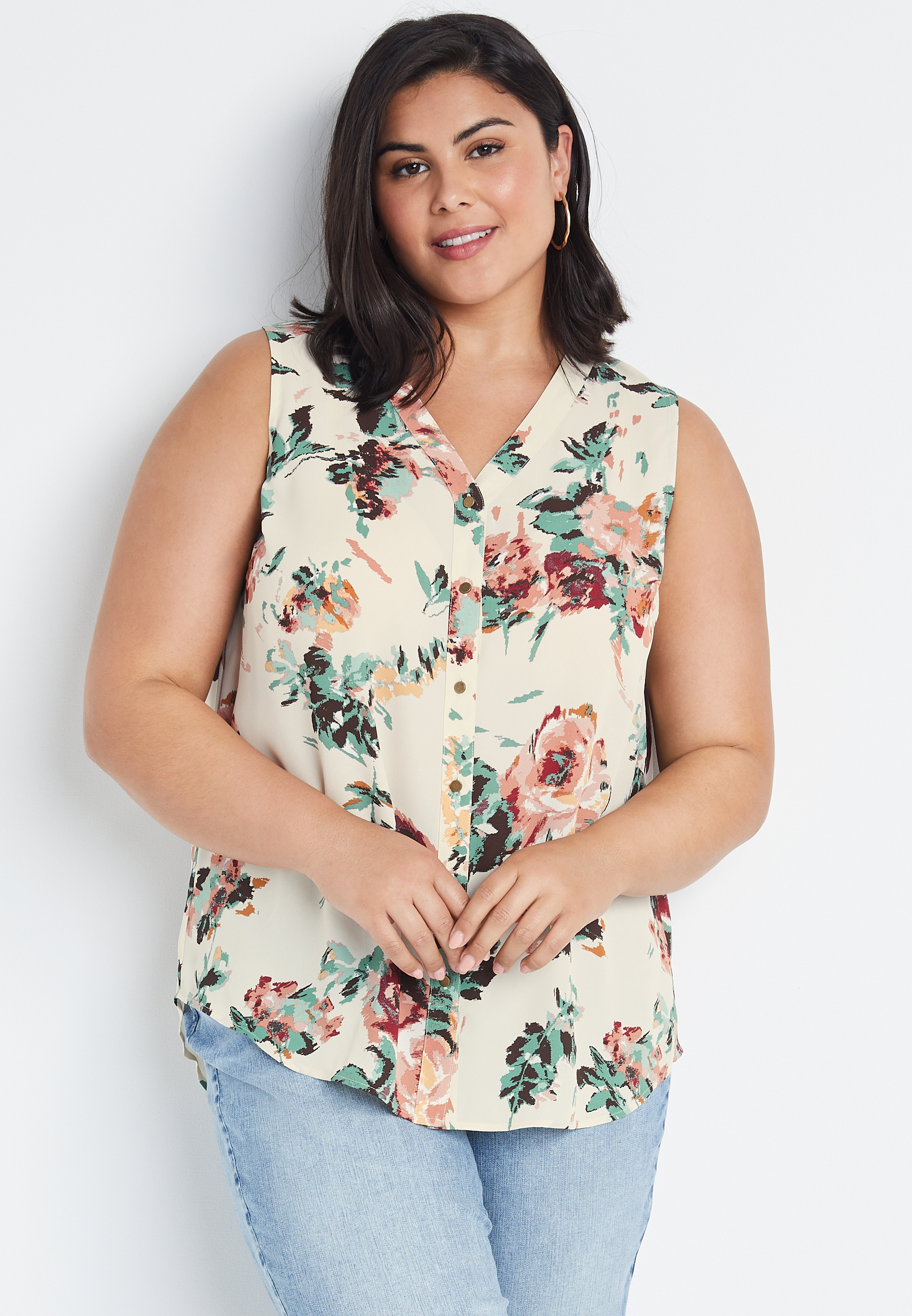 Plus Size Madison Beige Floral Button Down Tank Top | maurices