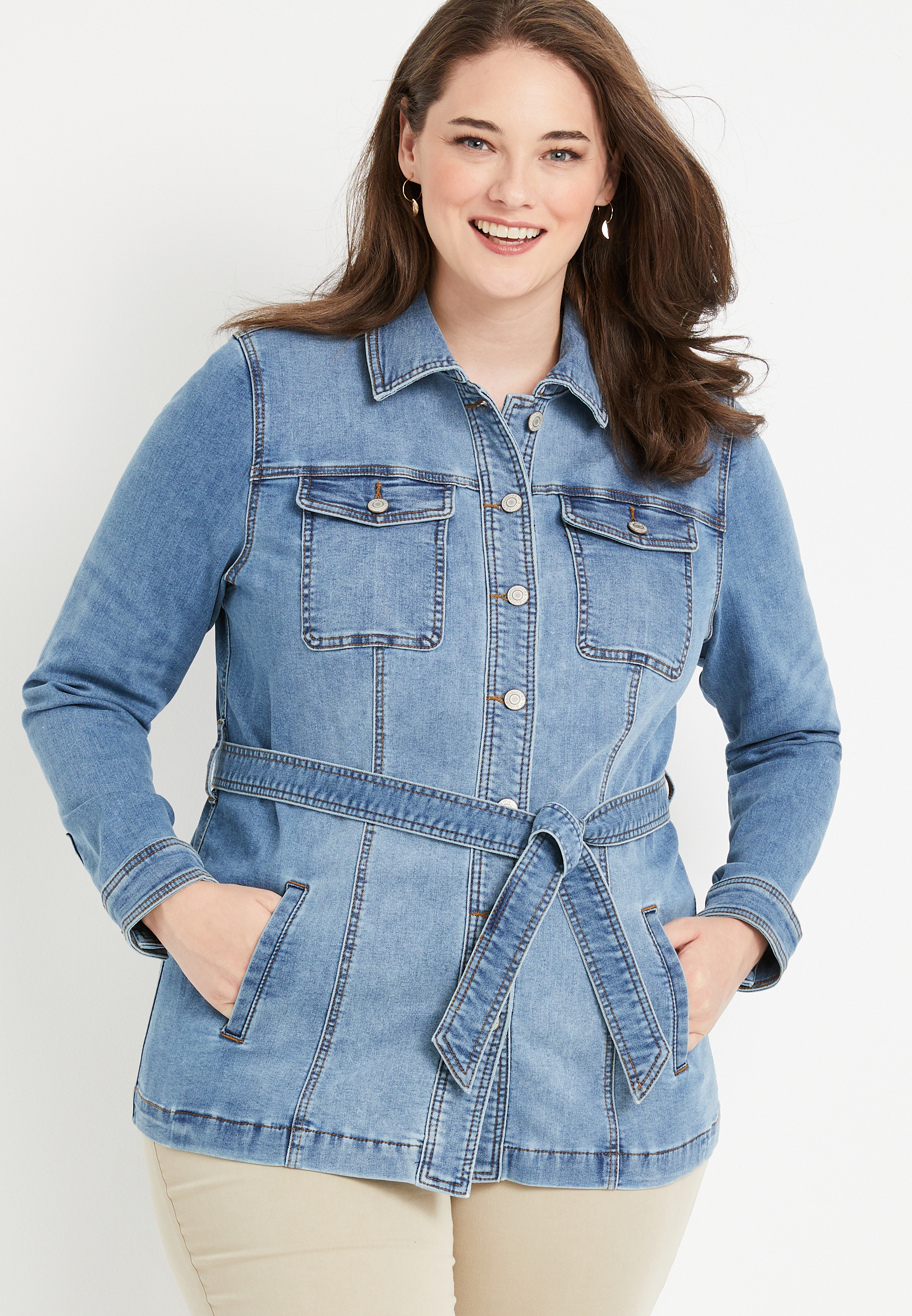 Plus Size Medium Wash Belted Trench Denim Jacket | maurices