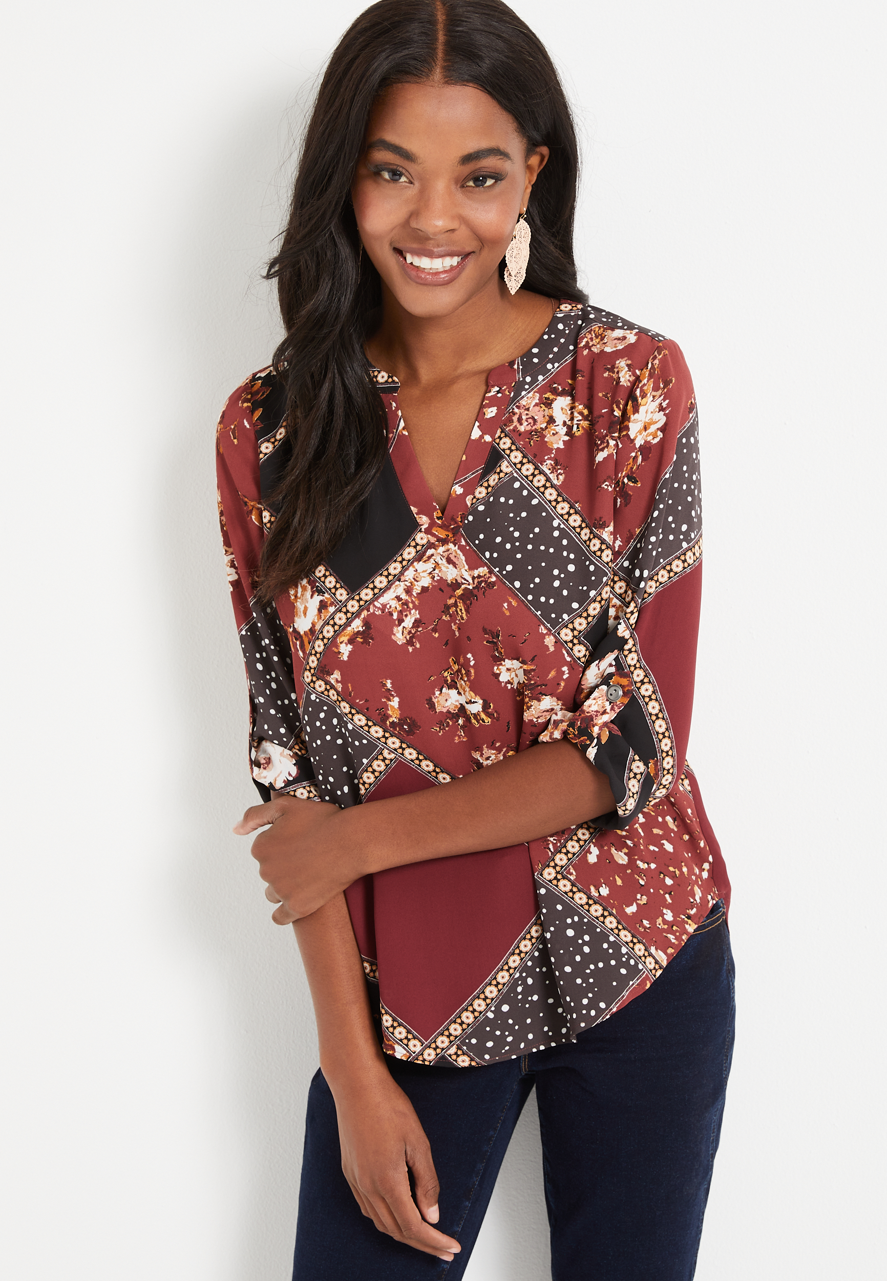 Atwood Floral 3/4 Sleeve Red Popover Blouse | maurices