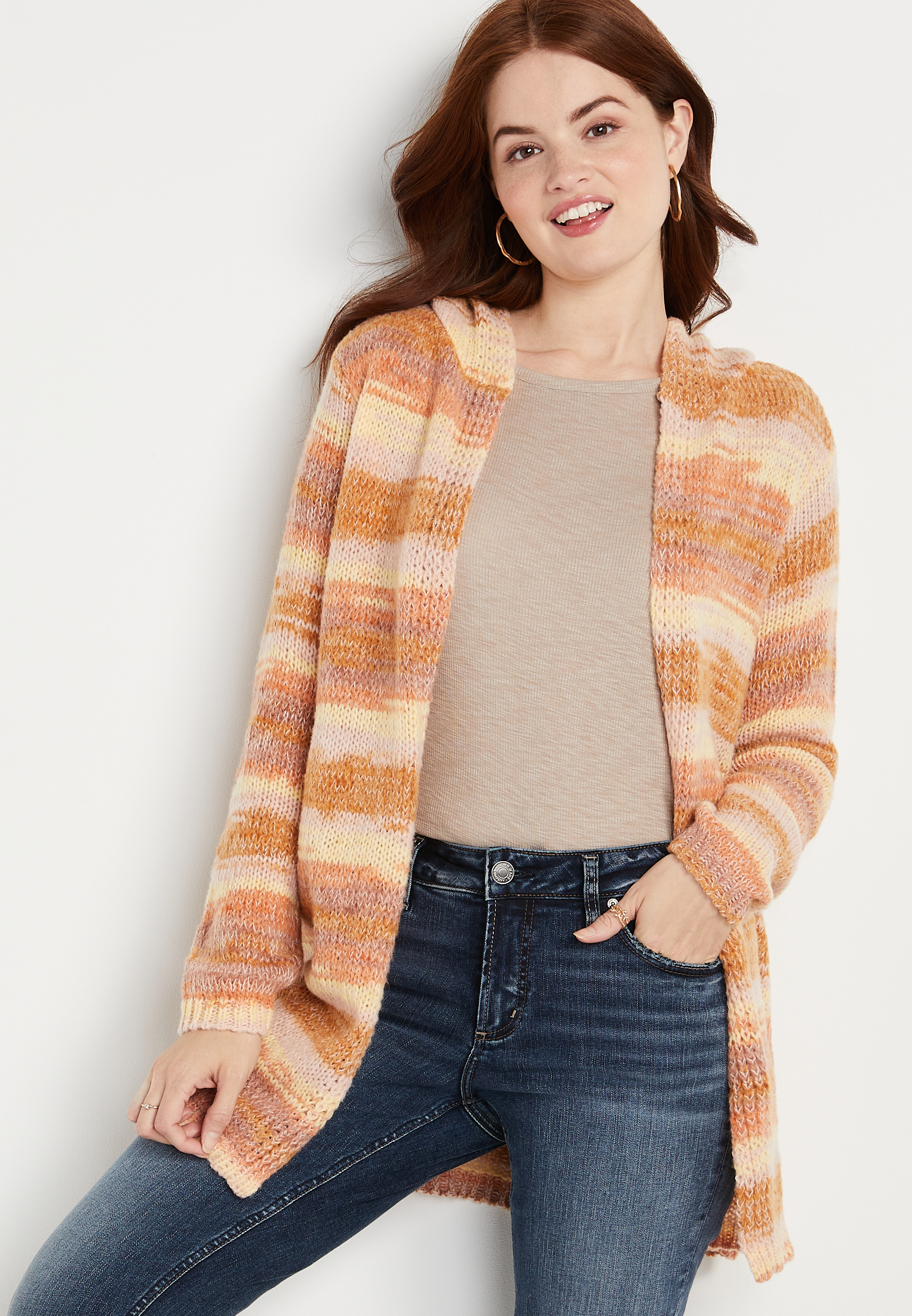 Spacedye Striped Hooded Cardigan | maurices