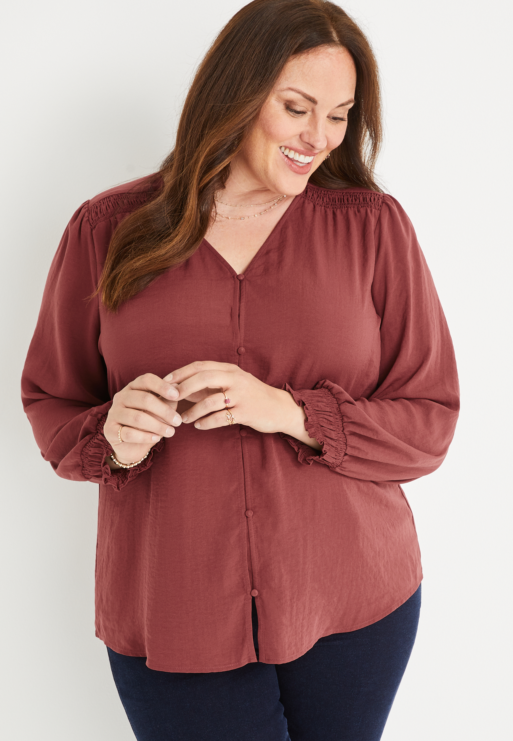Plus Size Rust Button Front Smocked Blouse | maurices