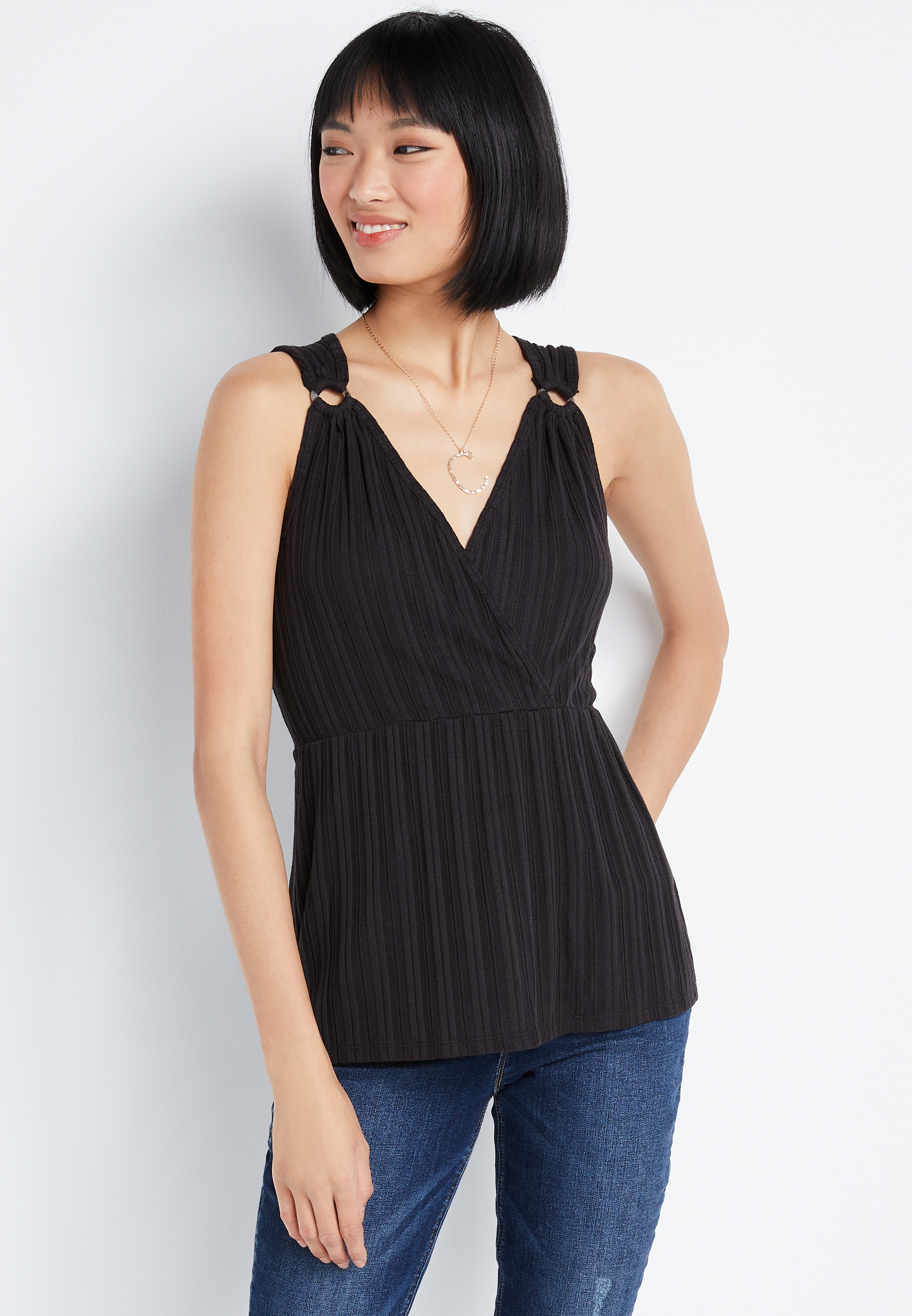 Ribbed V Neck Ring Tank Top | maurices