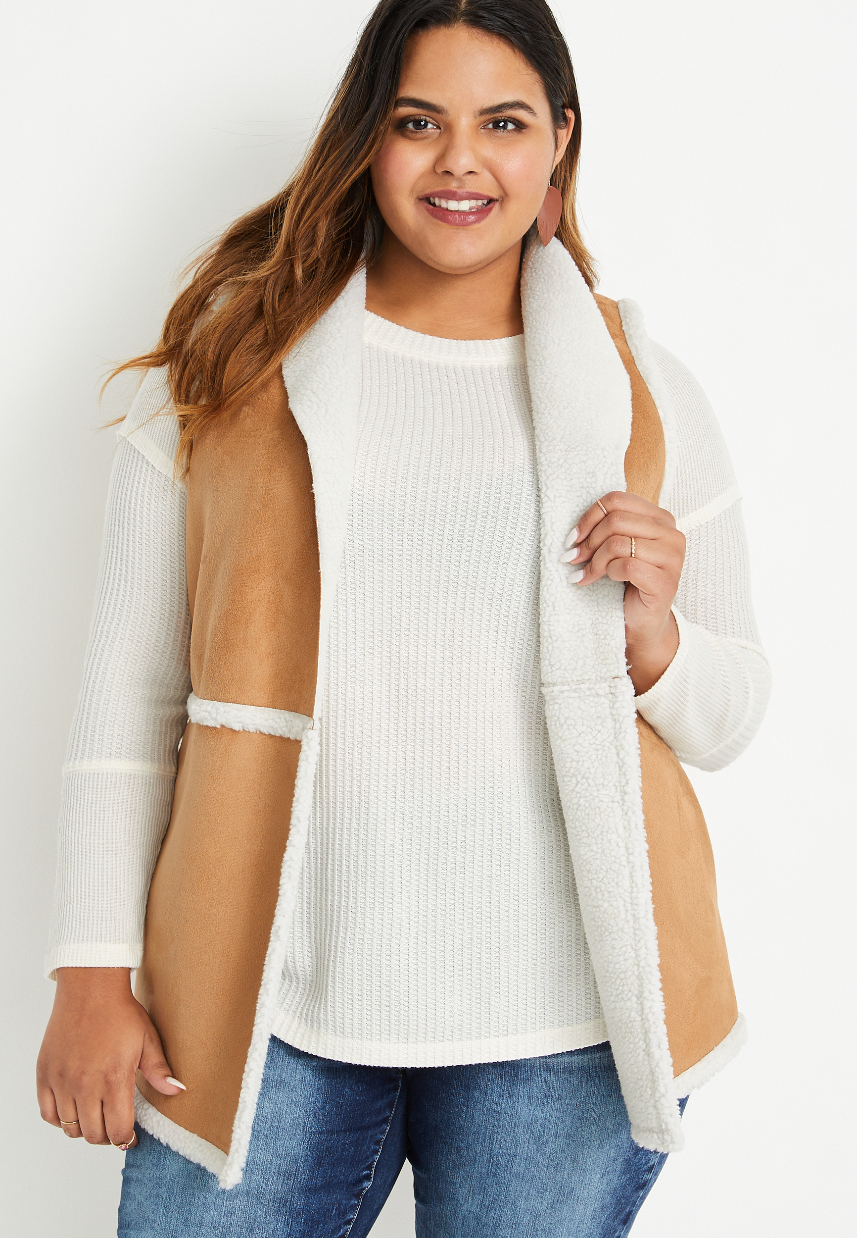Plus Size Brown Faux Suede Sherpa Trim Vest | maurices