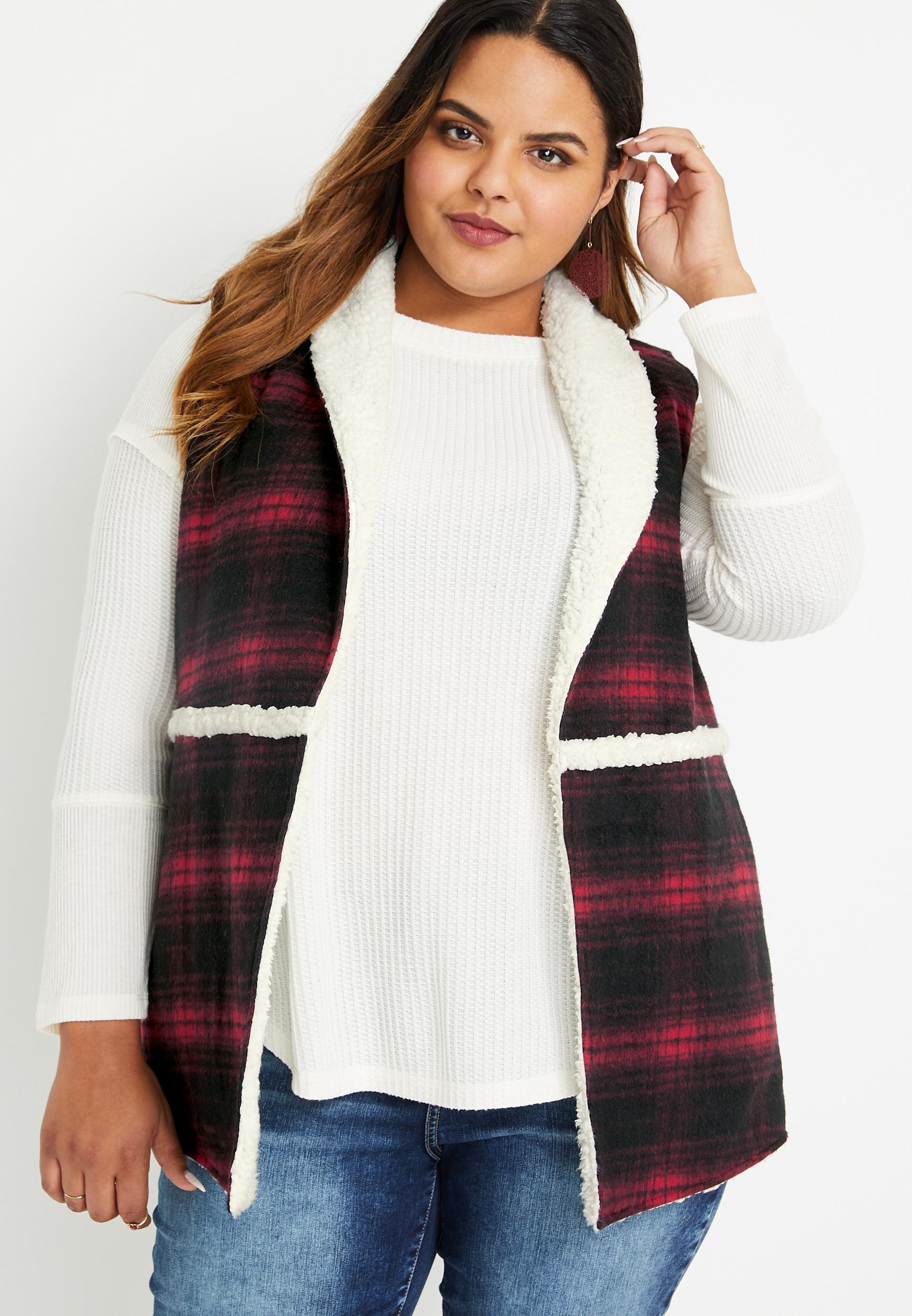 Plus Size Plaid Sherpa Trim Vest | maurices