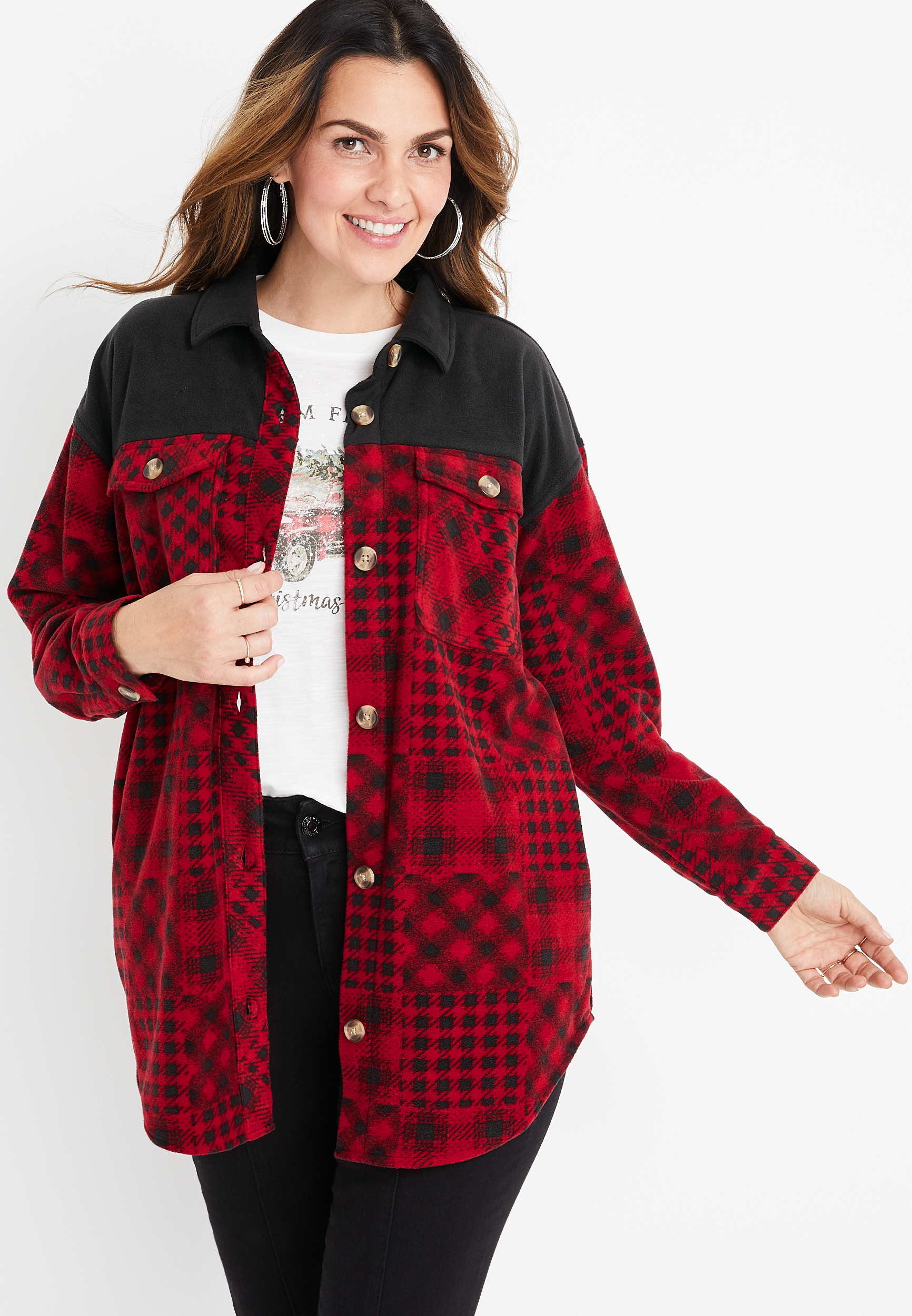 Red Patchwork Fleece Shacket | maurices