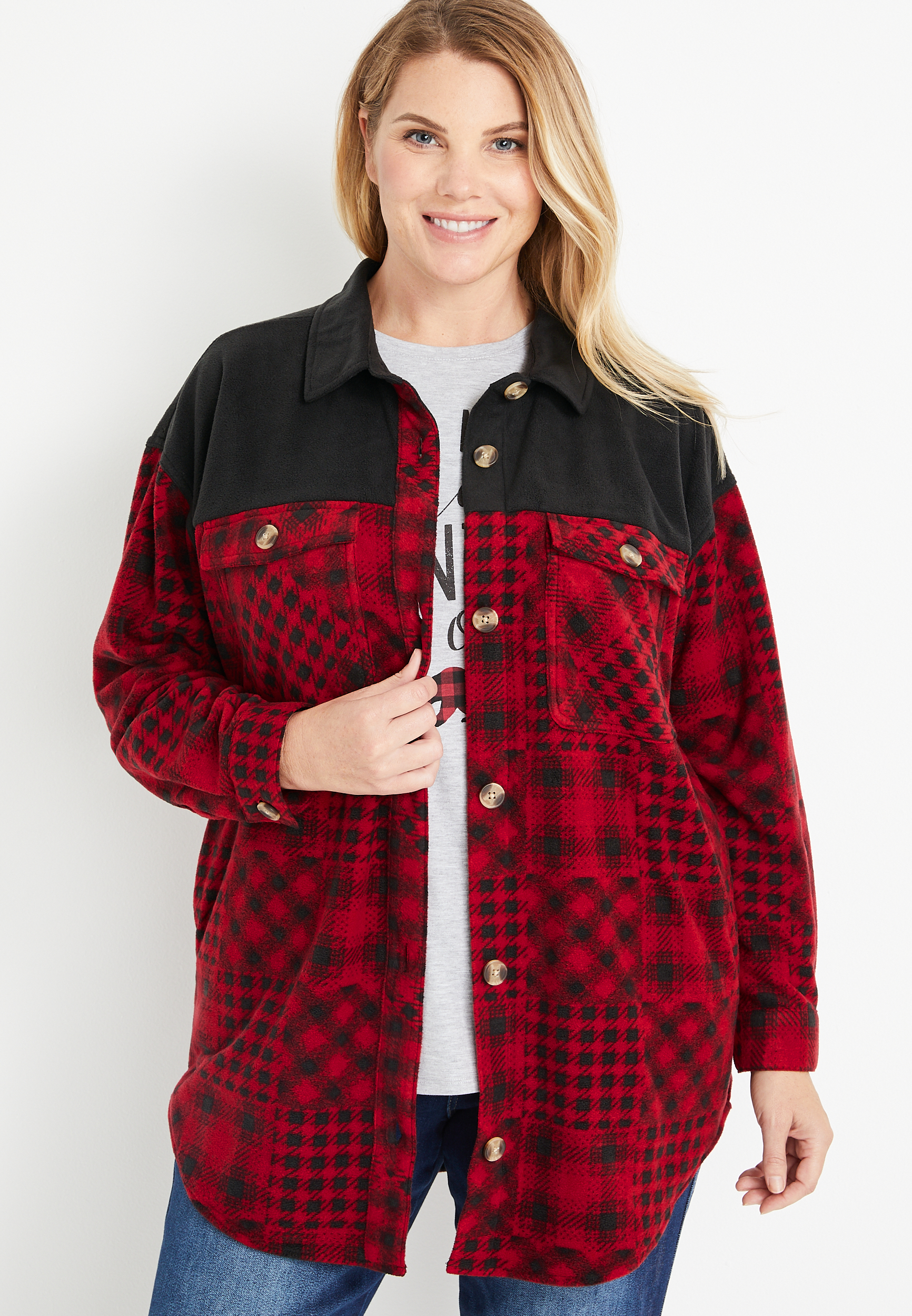 Plus Size Red Patchwork Fleece Shacket | maurices