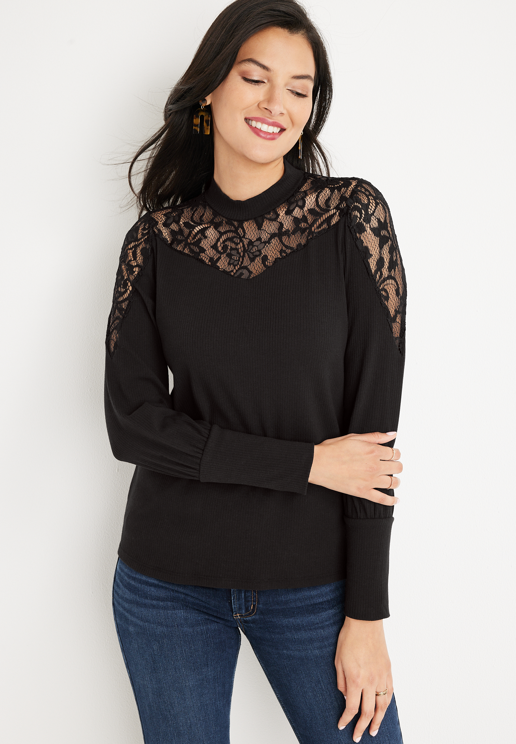 Solid Ribbed Lace Trim Mock Neck Top | maurices