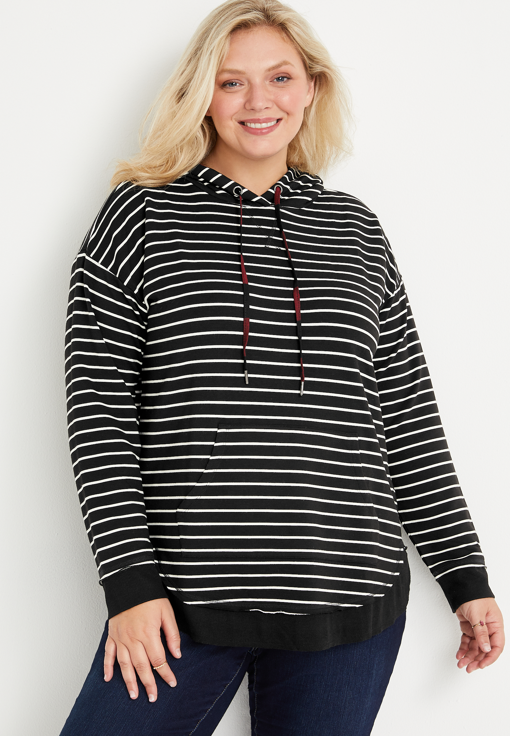 Plus Size Homeward Black Striped Brushed Plaid Hoodie | maurices
