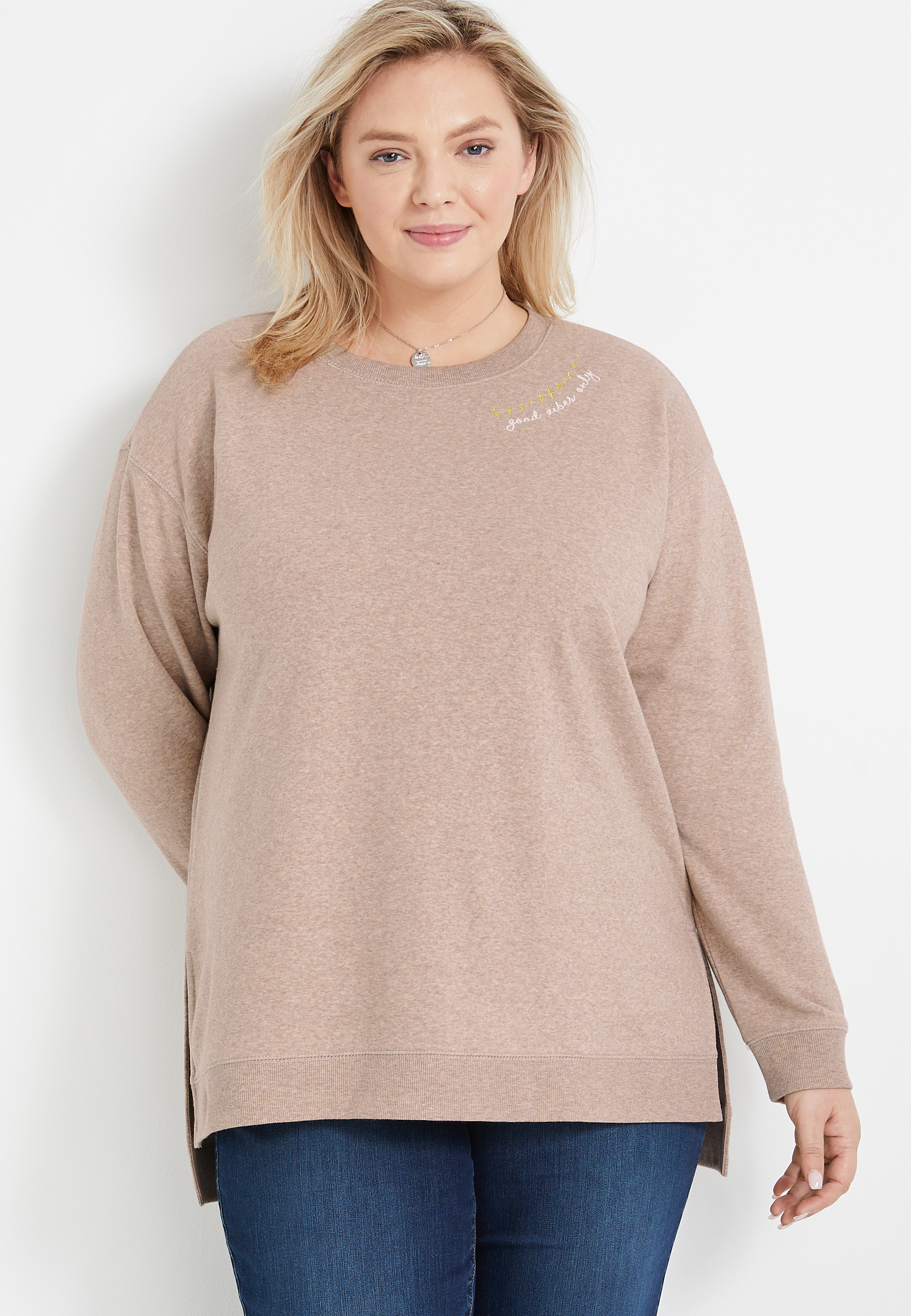 Plus Size Willowsoft Good Vibes Tunic Sweatshirt | maurices