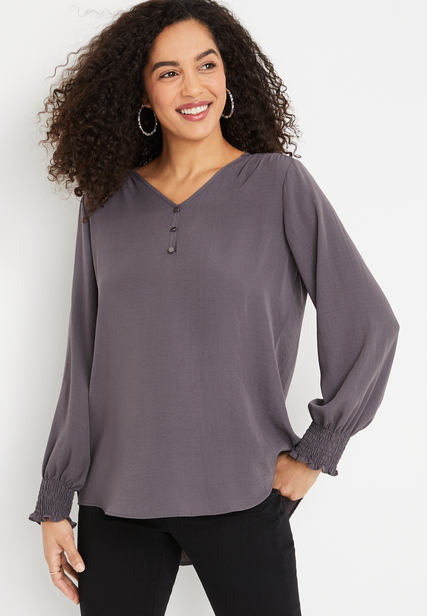 Solid Button Front Tunic Blouse | maurices