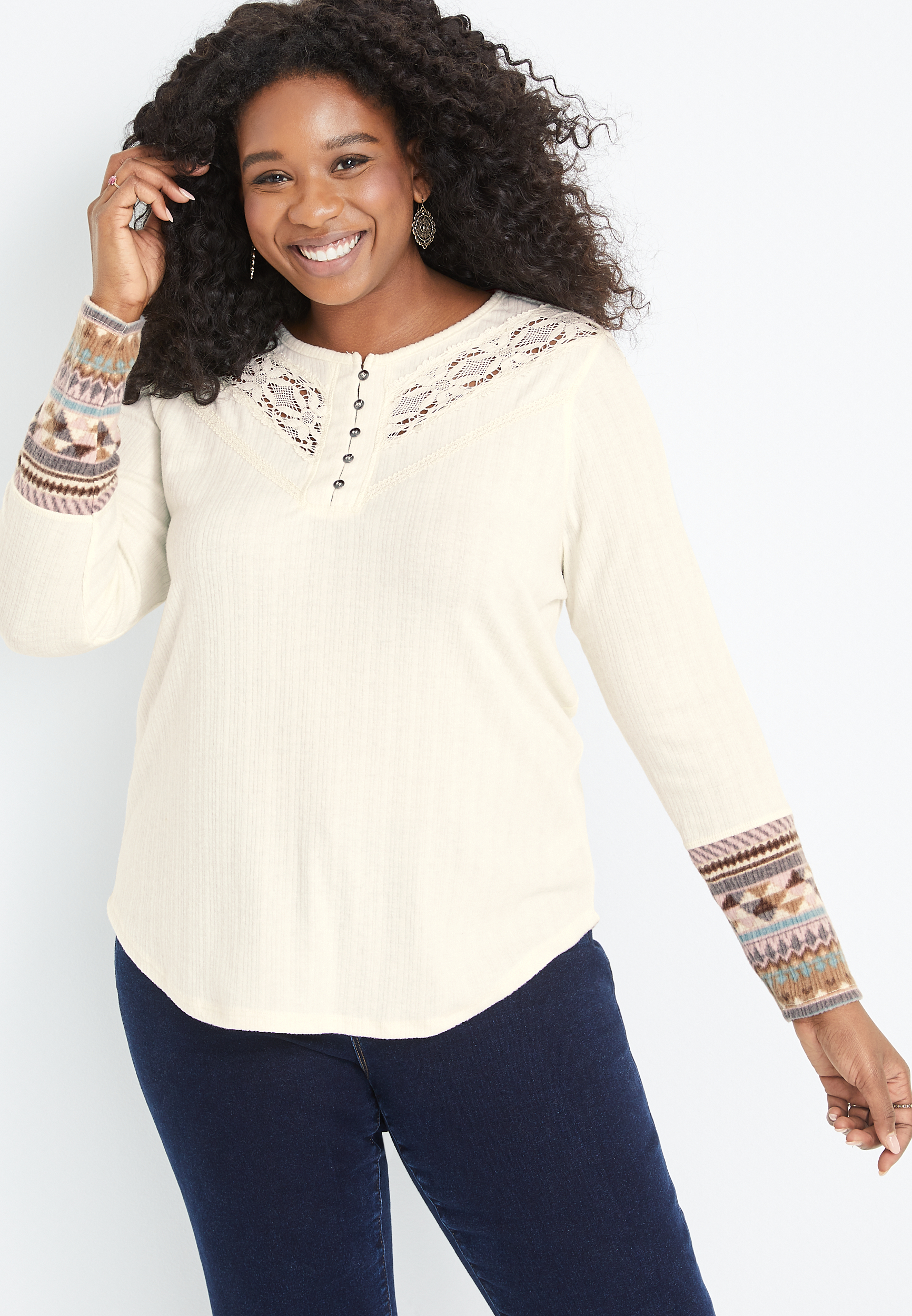 Plus Size Mixed Pattern Henley Tee | maurices