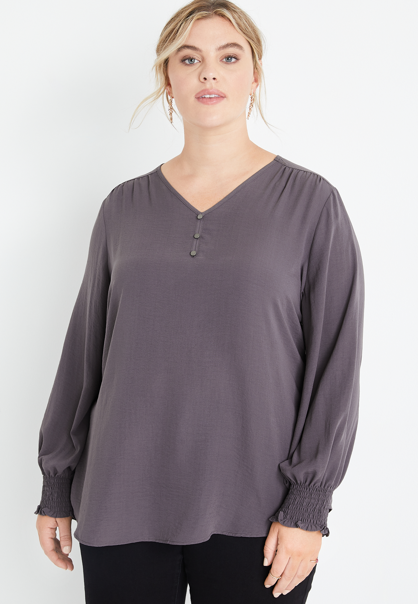 Plus Size Solid Button Front Tunic Blouse | maurices