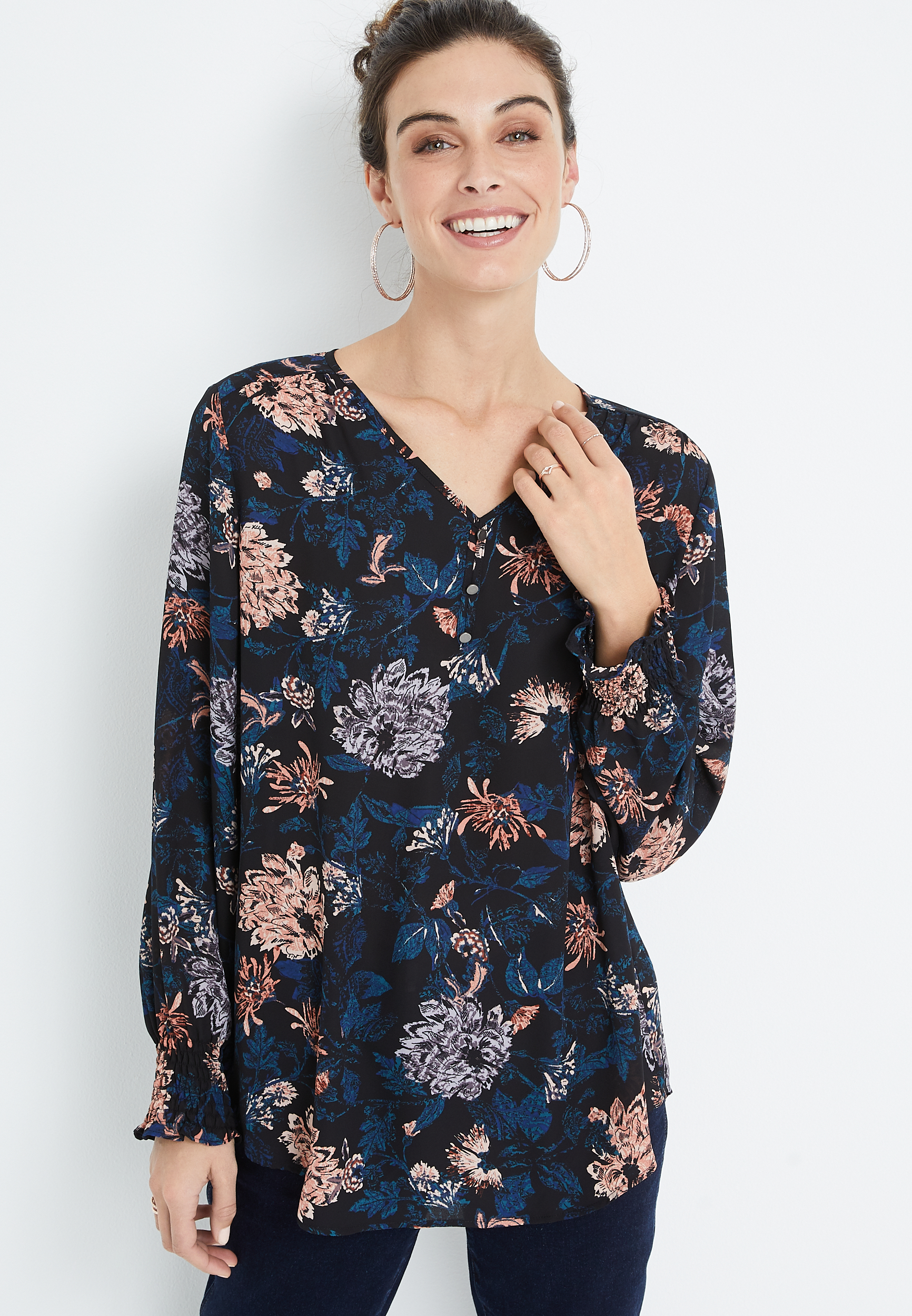 Black Floral Button Front Tunic Blouse | maurices