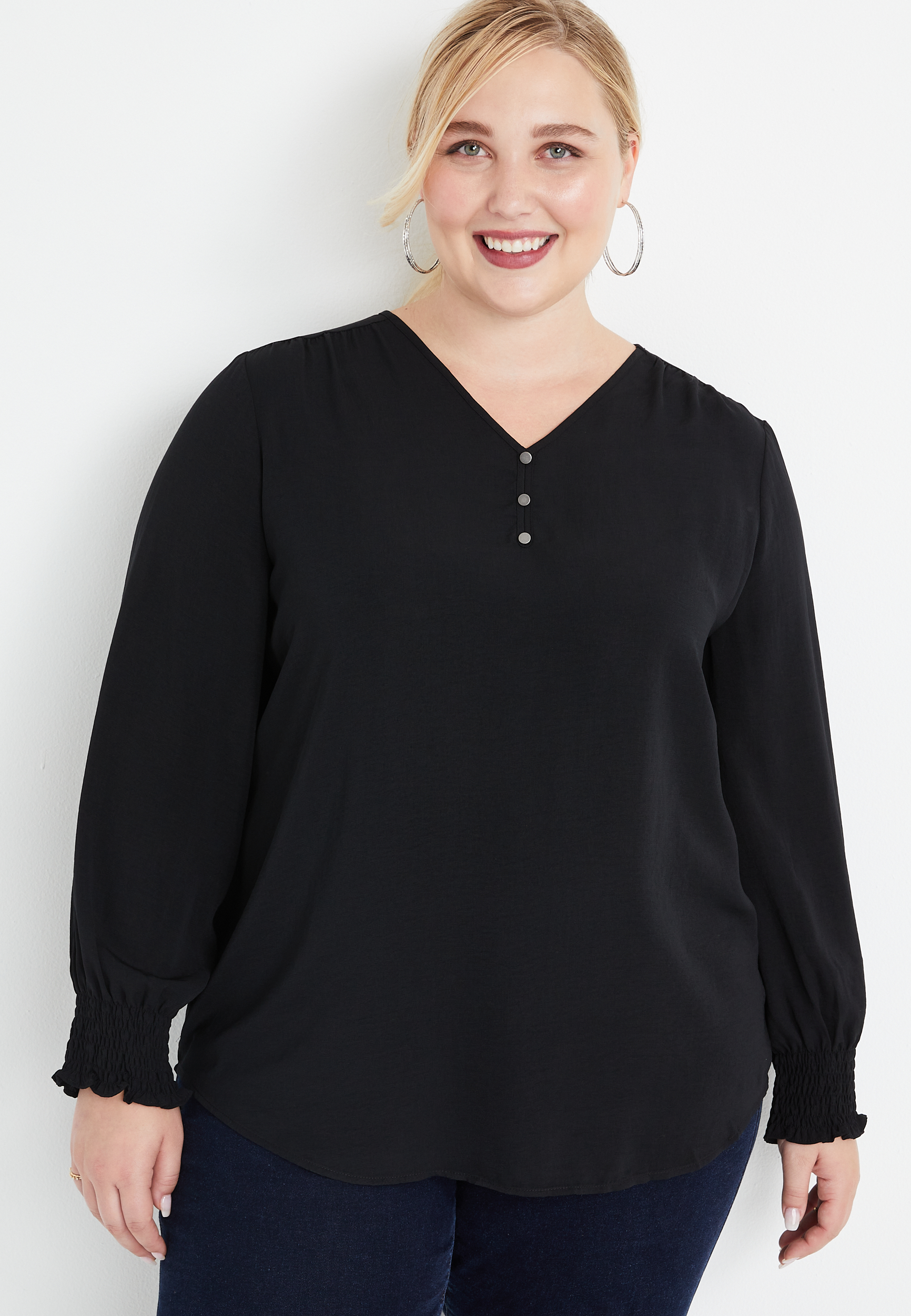 Plus Size Black Button Smocked Sleeve Blouse | maurices