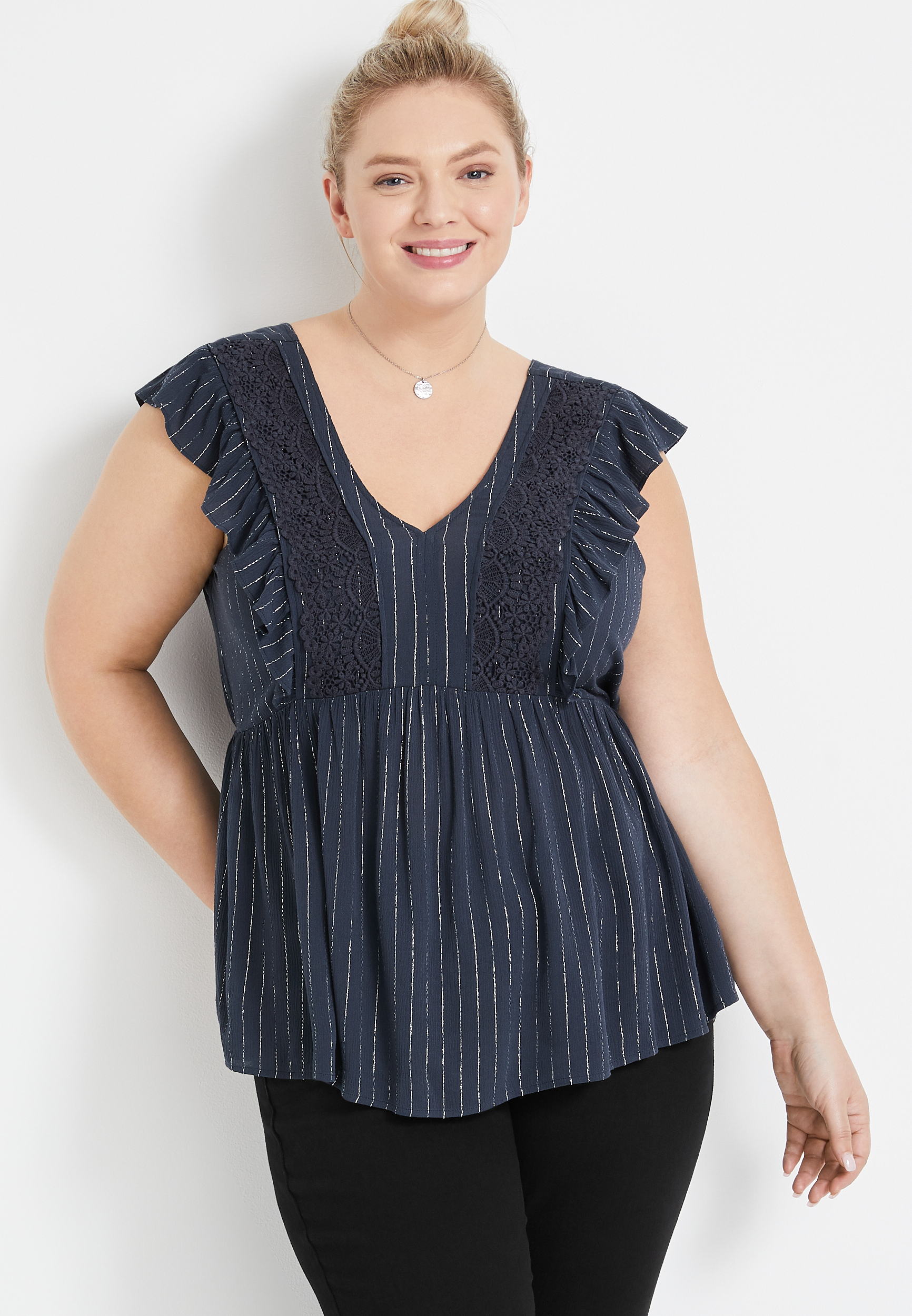 Plus Size Gray Metallic Flutter Sleeve Top | maurices