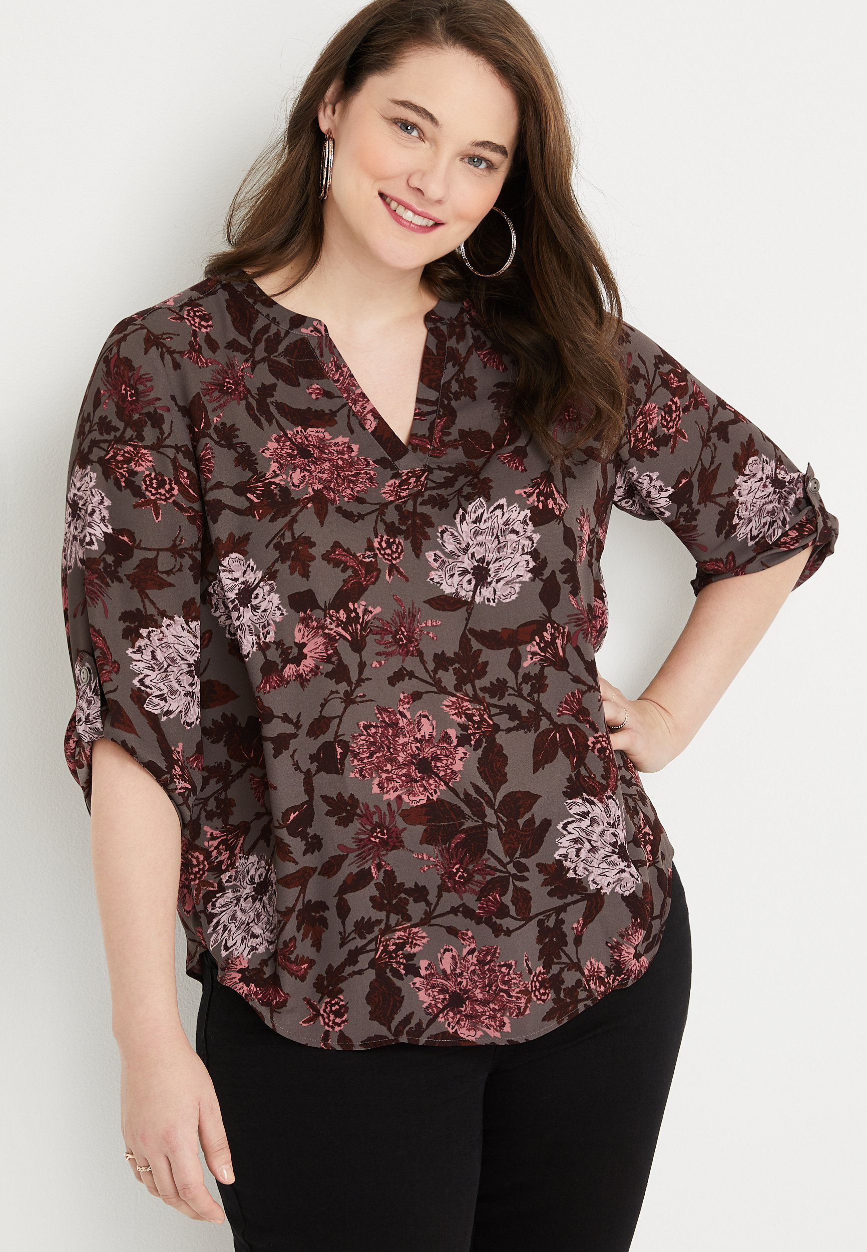 Plus Size Atwood Floral 3 4 Sleeve Popover Blouse Maurices
