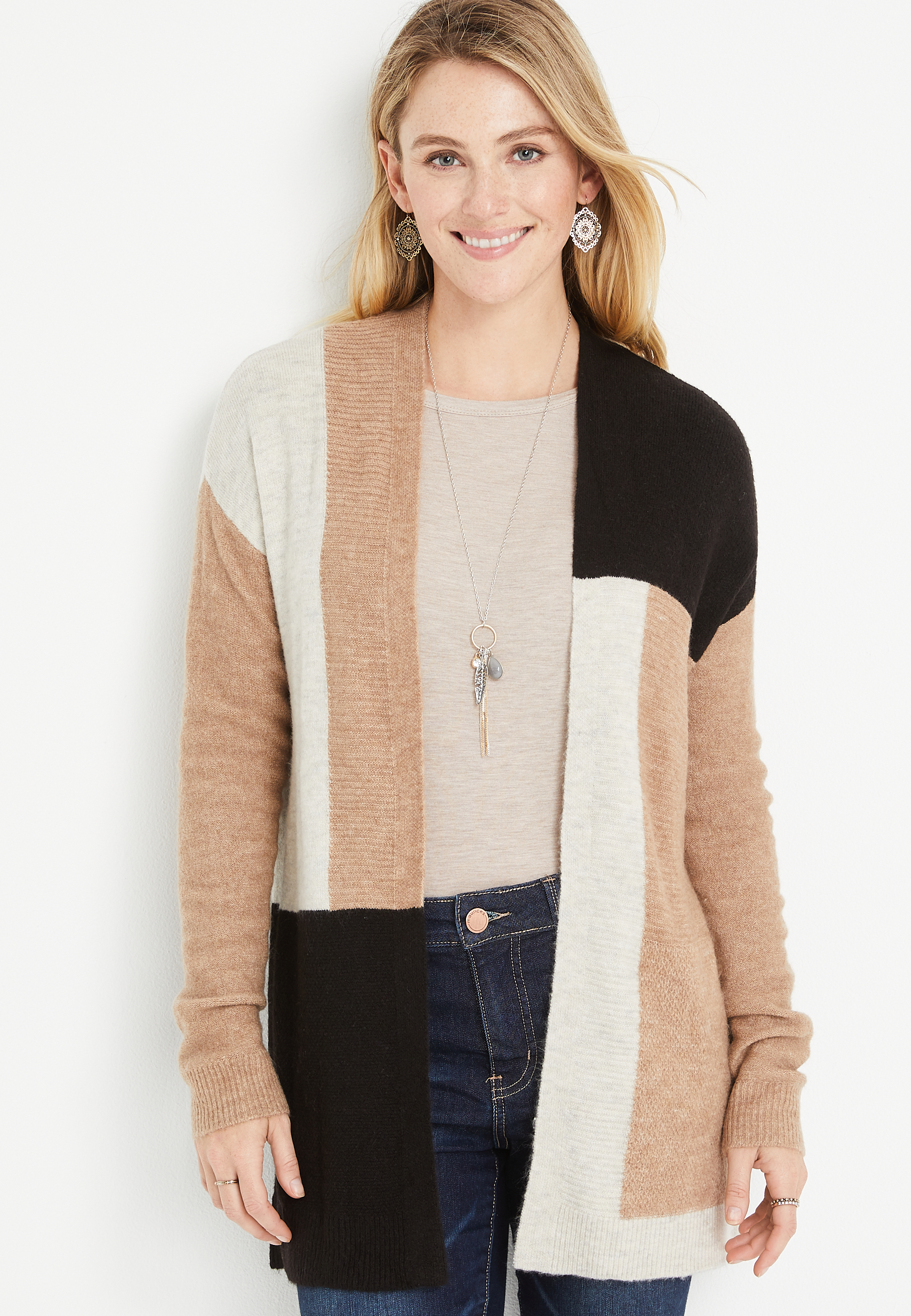 Patchwork Open Front Long Sleeve Cardigan | maurices