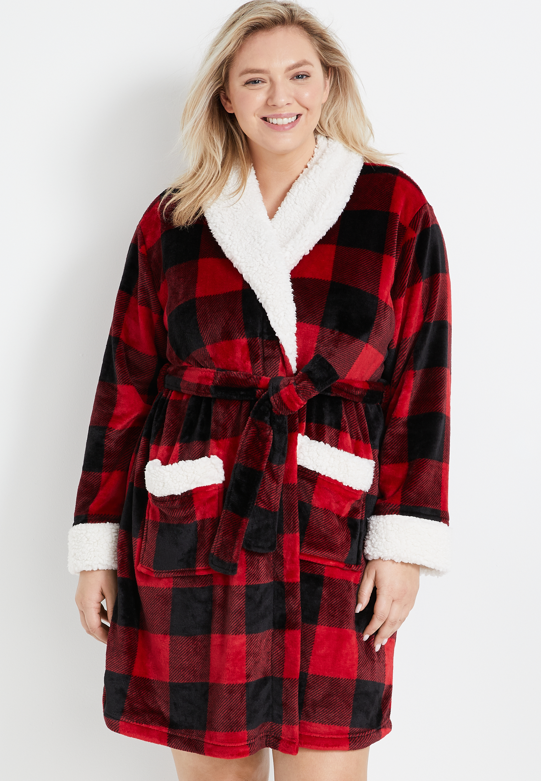 Plus Size Buffalo Plaid Sherpa Robe | maurices