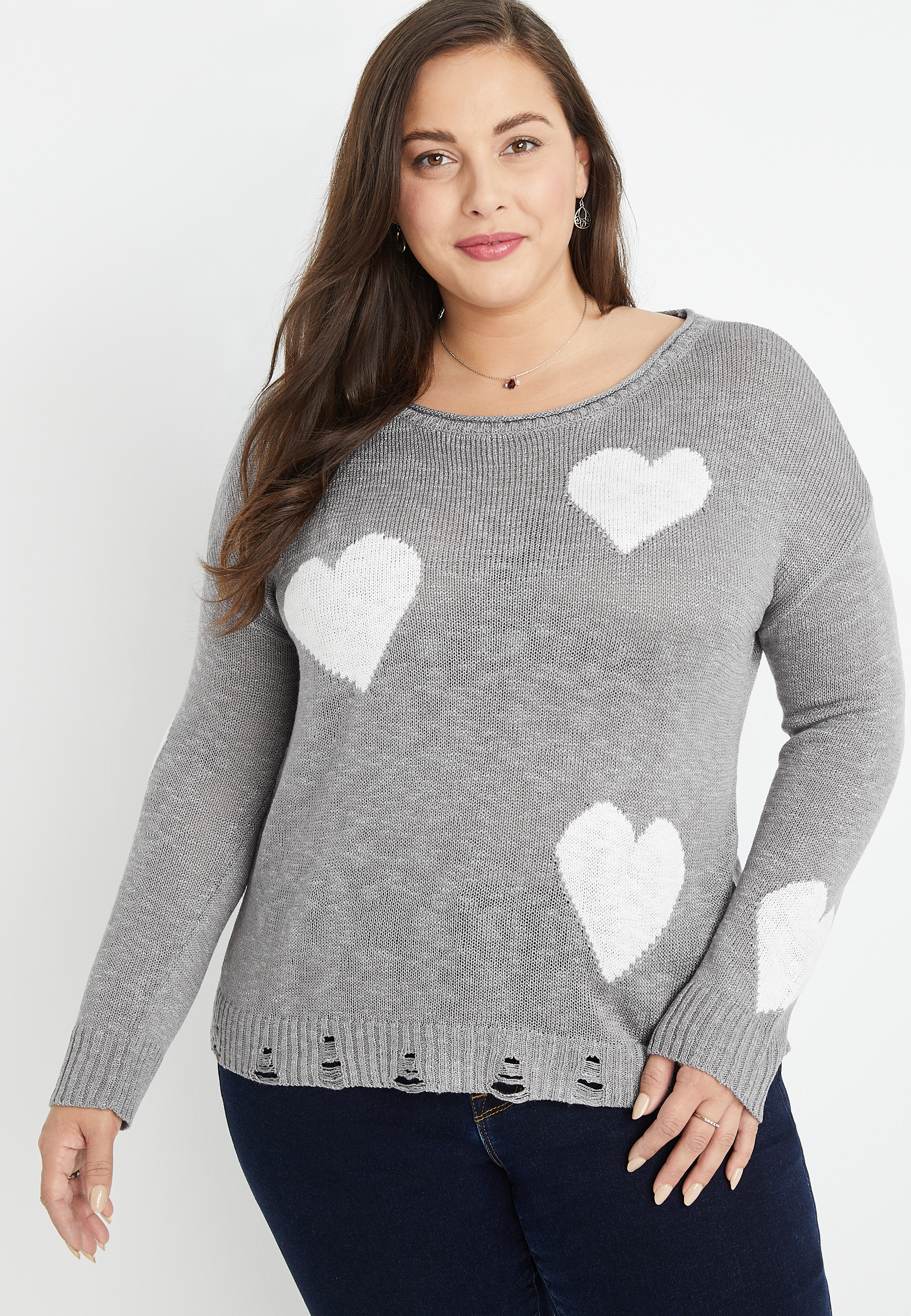 Plus Size Gray Heart Destructed Hem Sweater | maurices