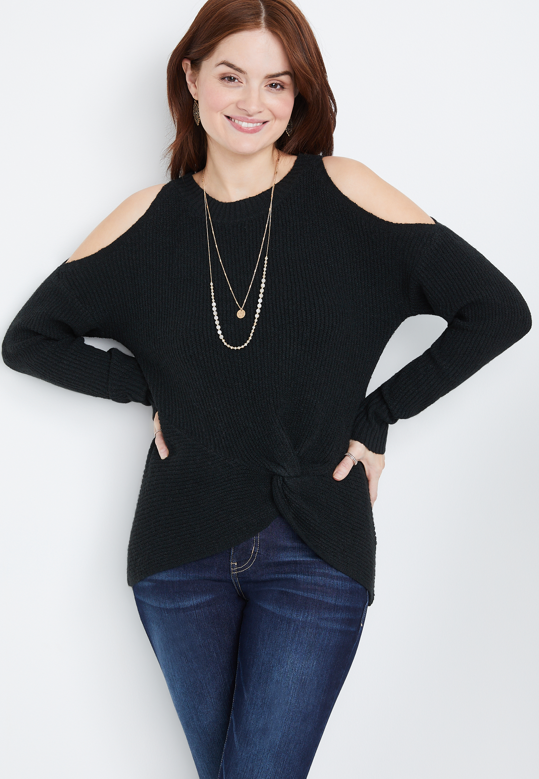 Cold Shoulder Knotted Hem Sweater | maurices