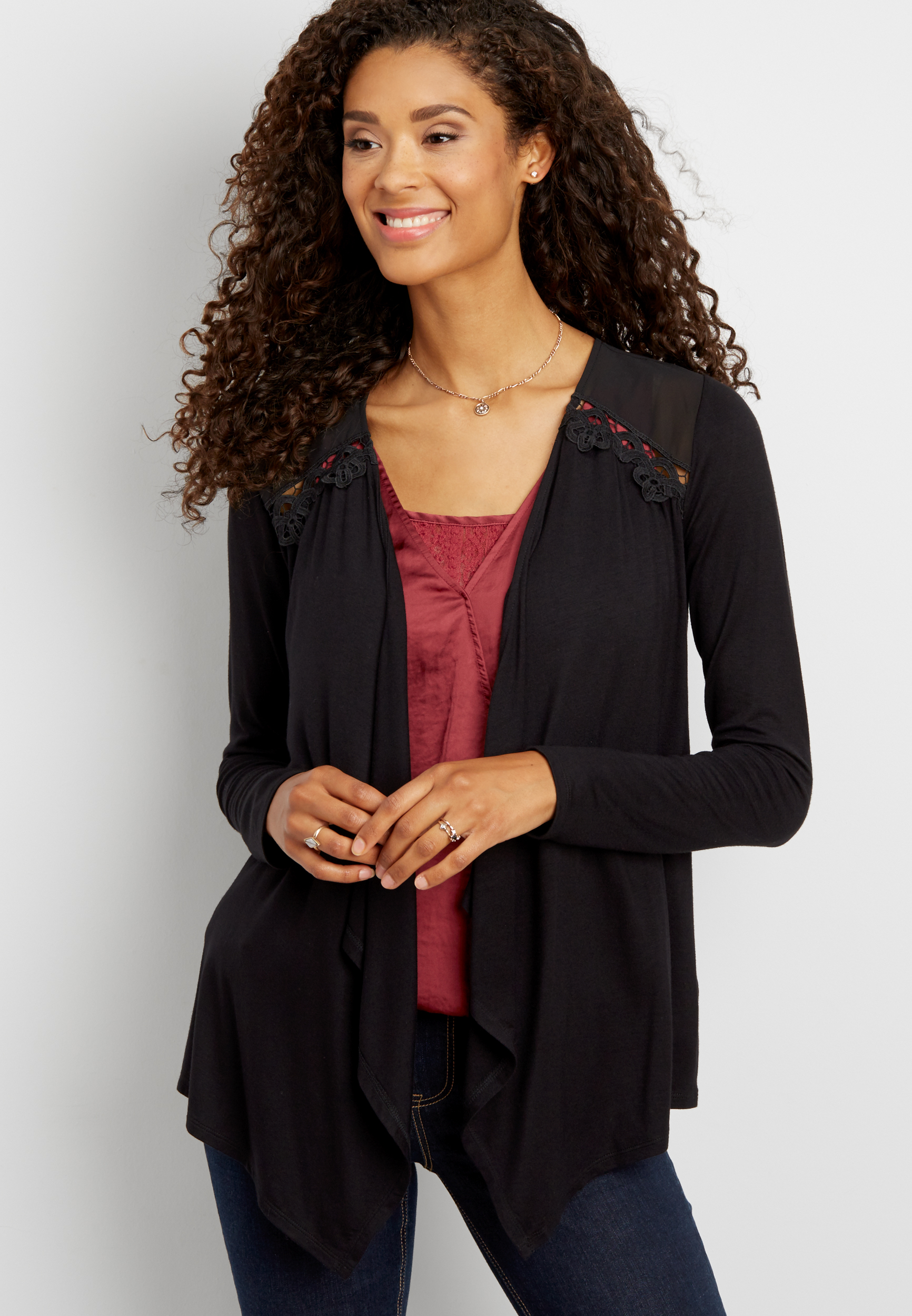 drape front cardigan with chiffon yoke and battenburg lace | maurices