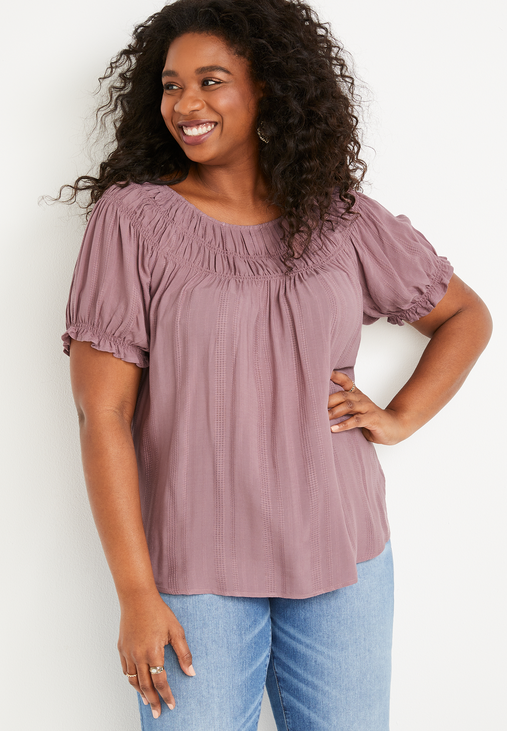 Plus Size Solid Ruched Neck Blouse Maurices