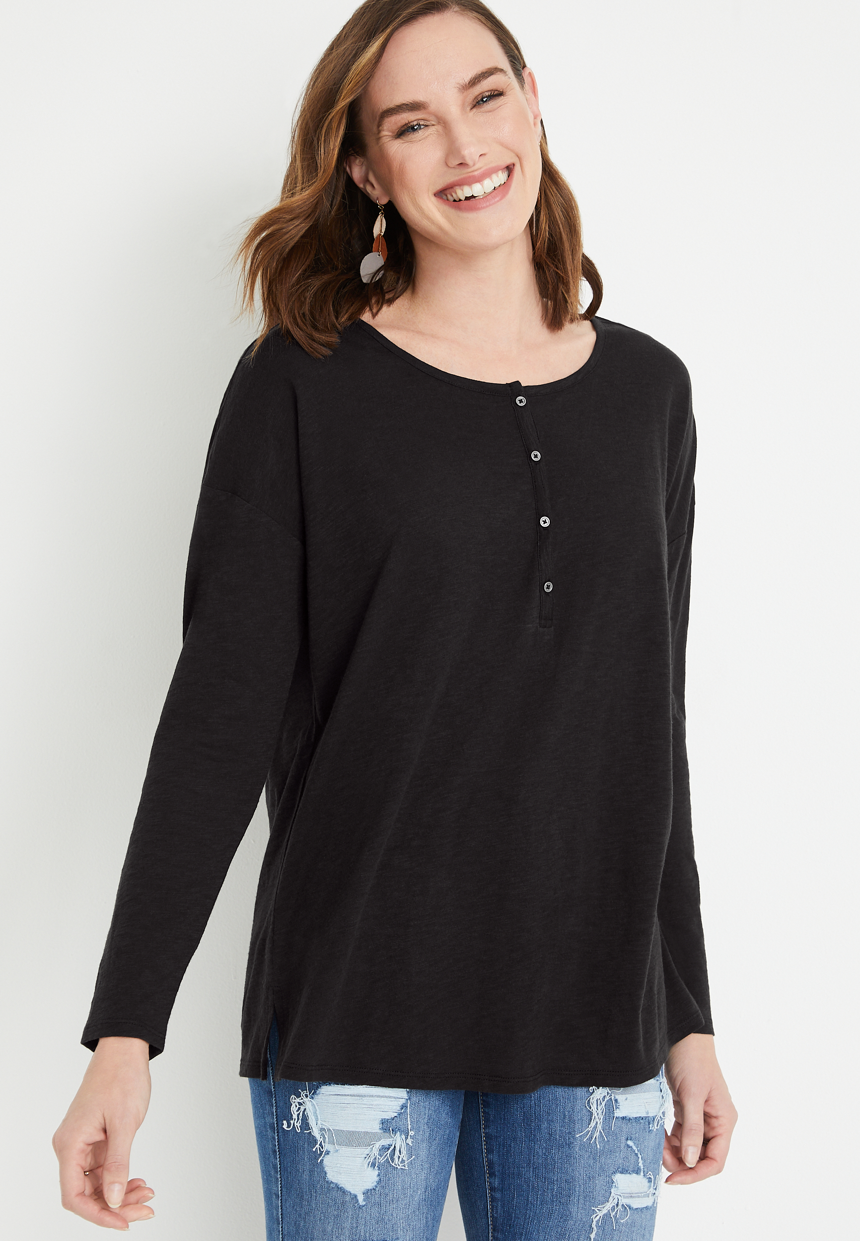 Solid Oversized Long Sleeve Henley Tee | maurices