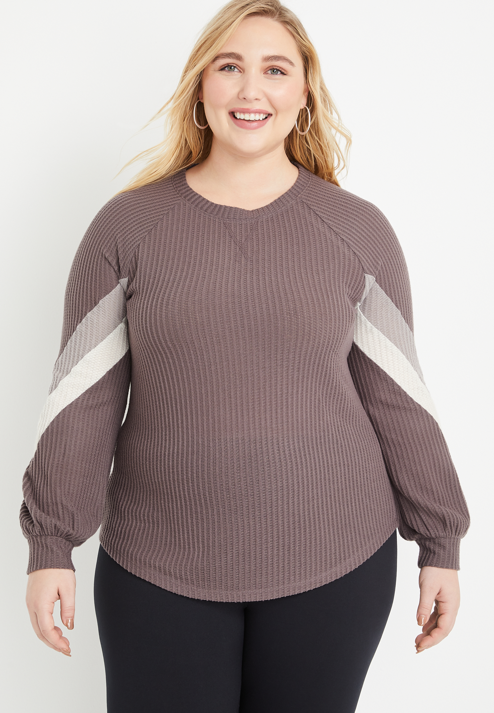 Plus Size Brown Chevron Striped Long Sleeve Tee | maurices