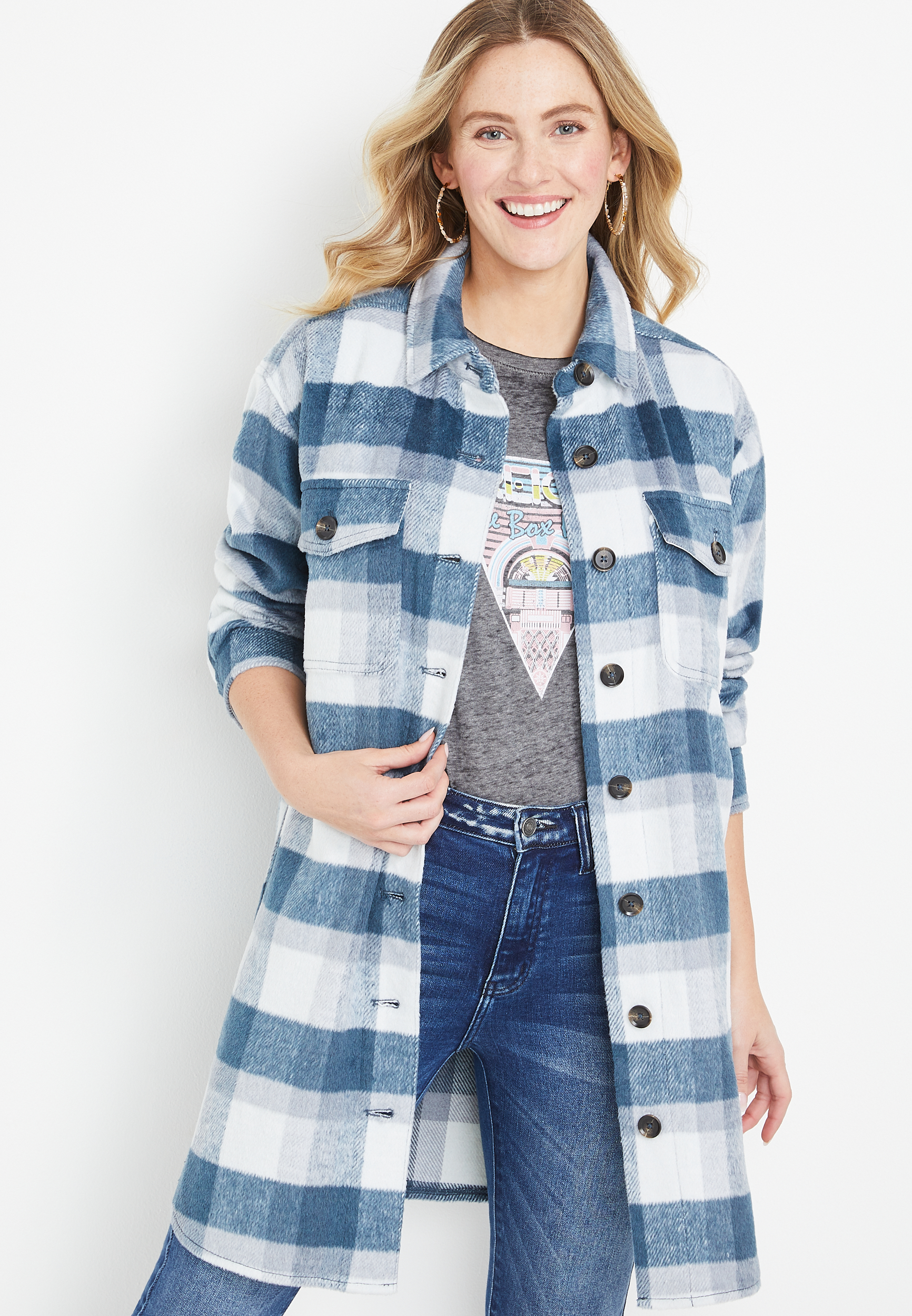Blue Plaid Longline Shacket | maurices
